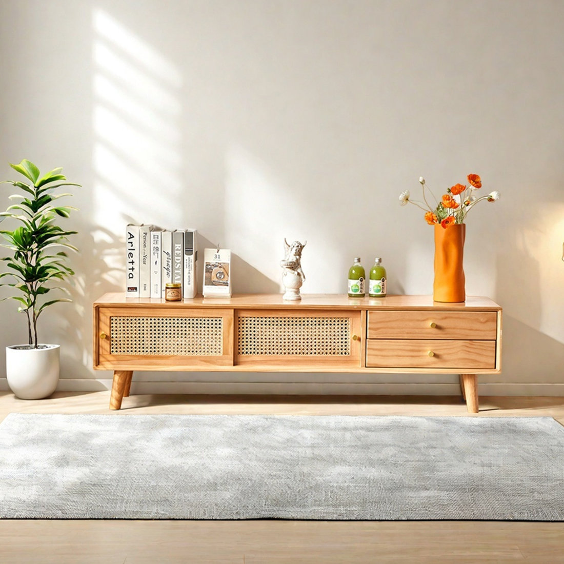 Trentastic Trails Premium Pine TV Stand with Rattan Doors | Wayfair