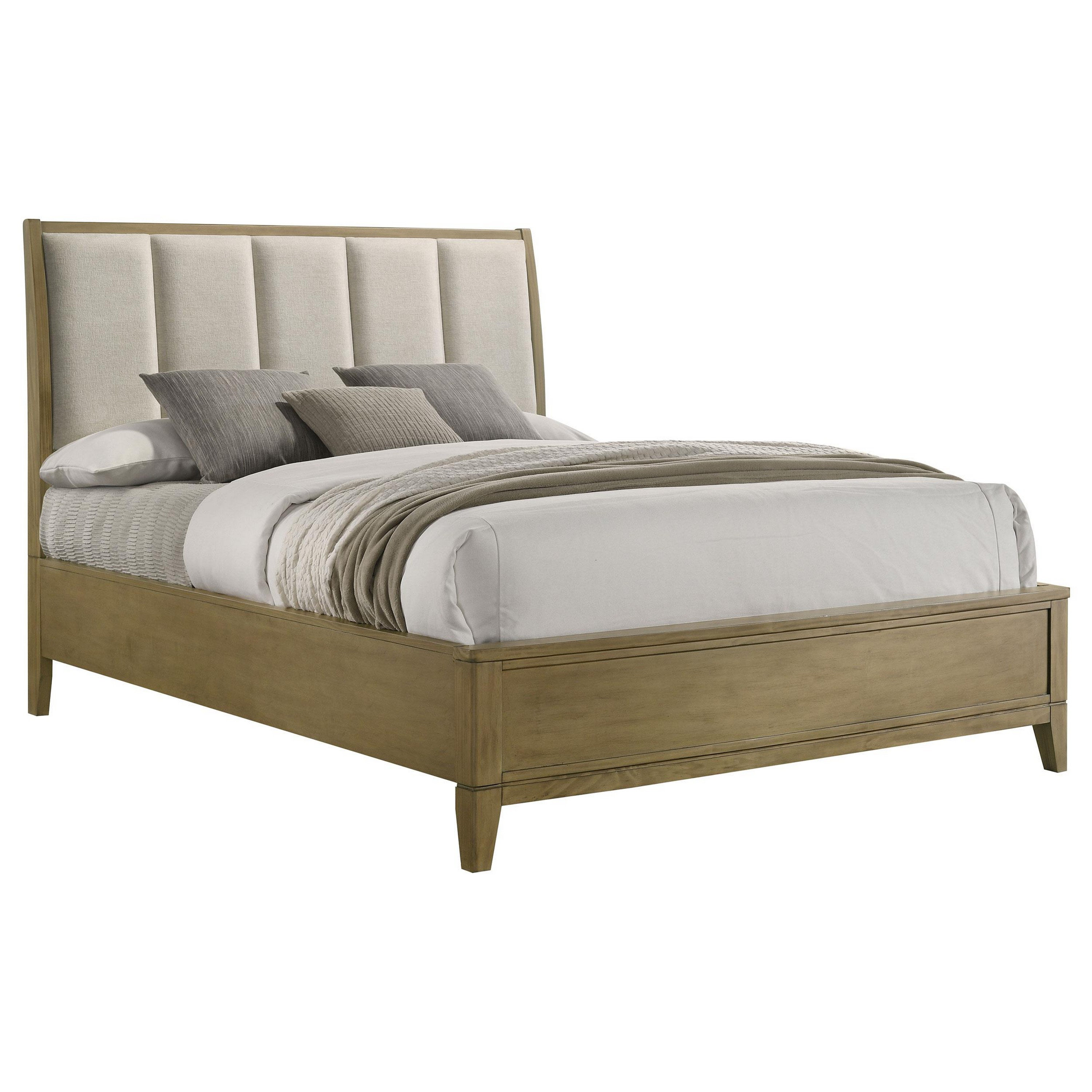 Benjara Heon King Bed, Block Panel Headboard, Ivory Upholstery, Pine ...