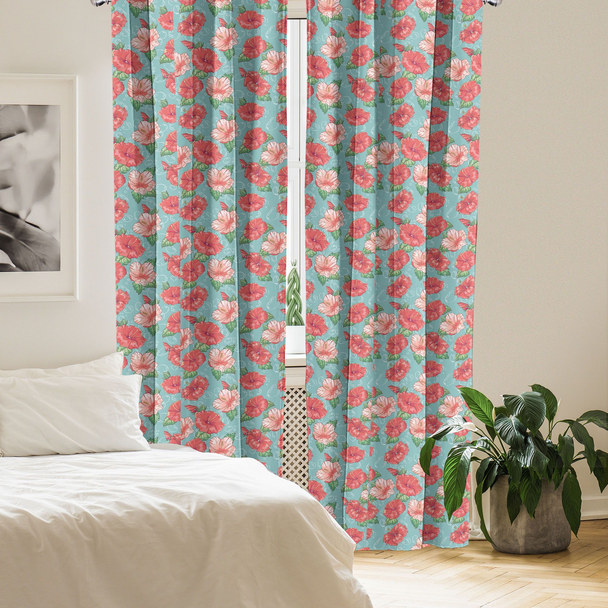 East Urban Home Hibiscus 4-Panel Curtains, Tropic Flowers and Bubbles Teal Coral | Wayfair