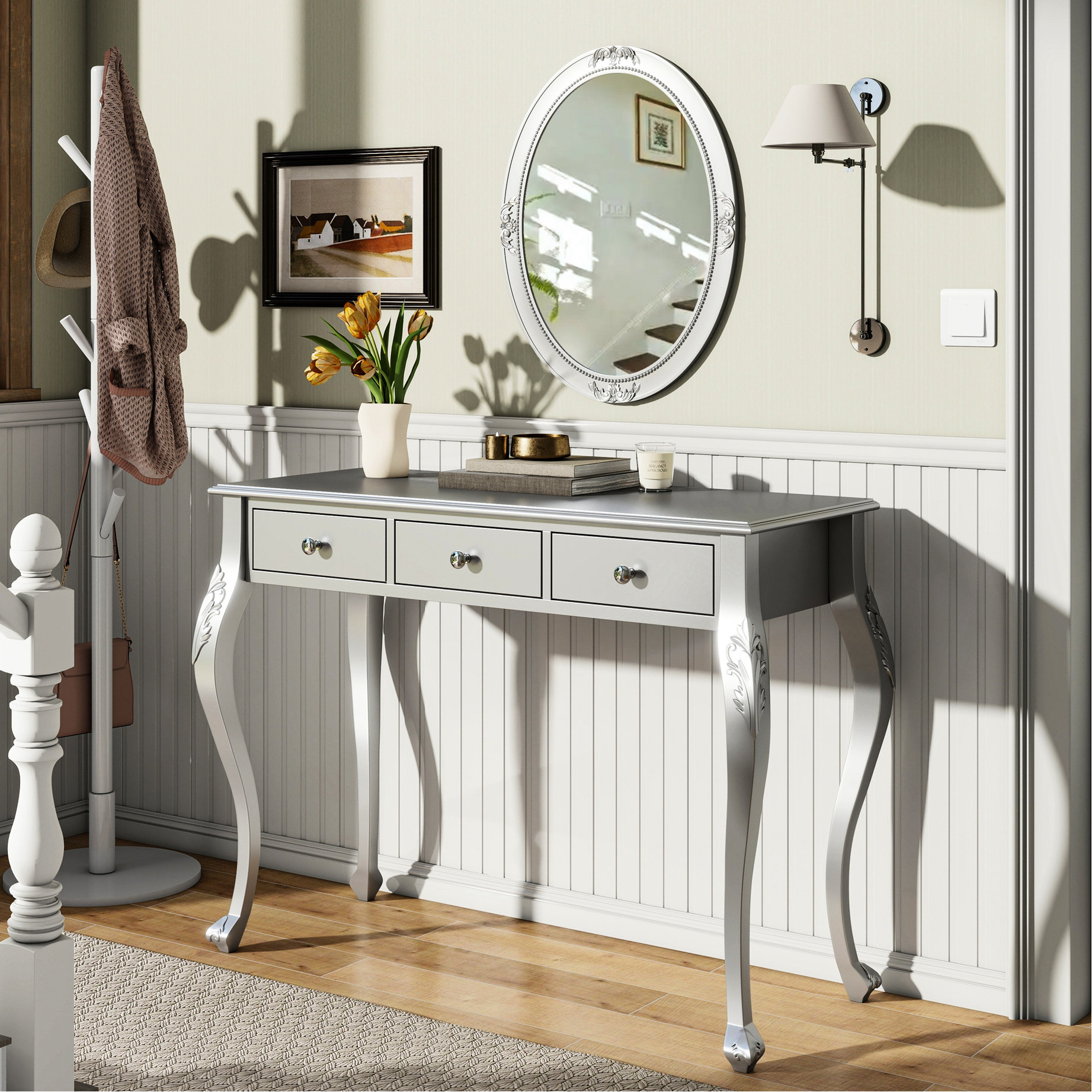 Rosdorf Park Luxury Dressing Table With Oval Mirror And 3 Storage ...