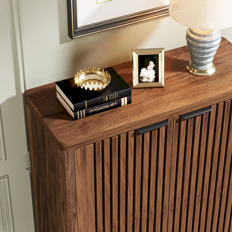 Loon Peak® 24 Pair Walnut Shoe Storage Cabinet with Louvered Doors ...