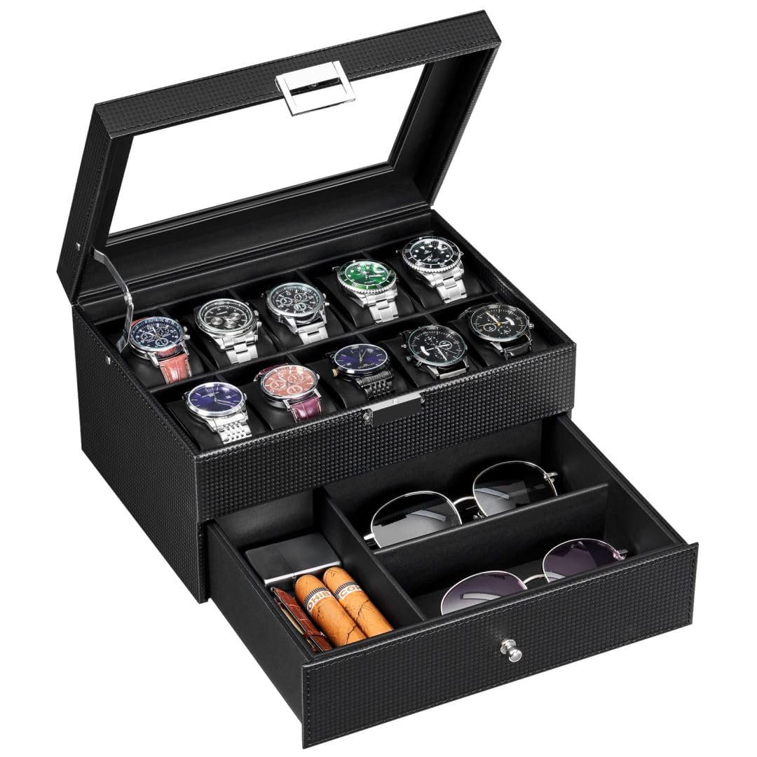House of Hampton® Watch Box Organizer With Valet Drawer - Real Glass ...