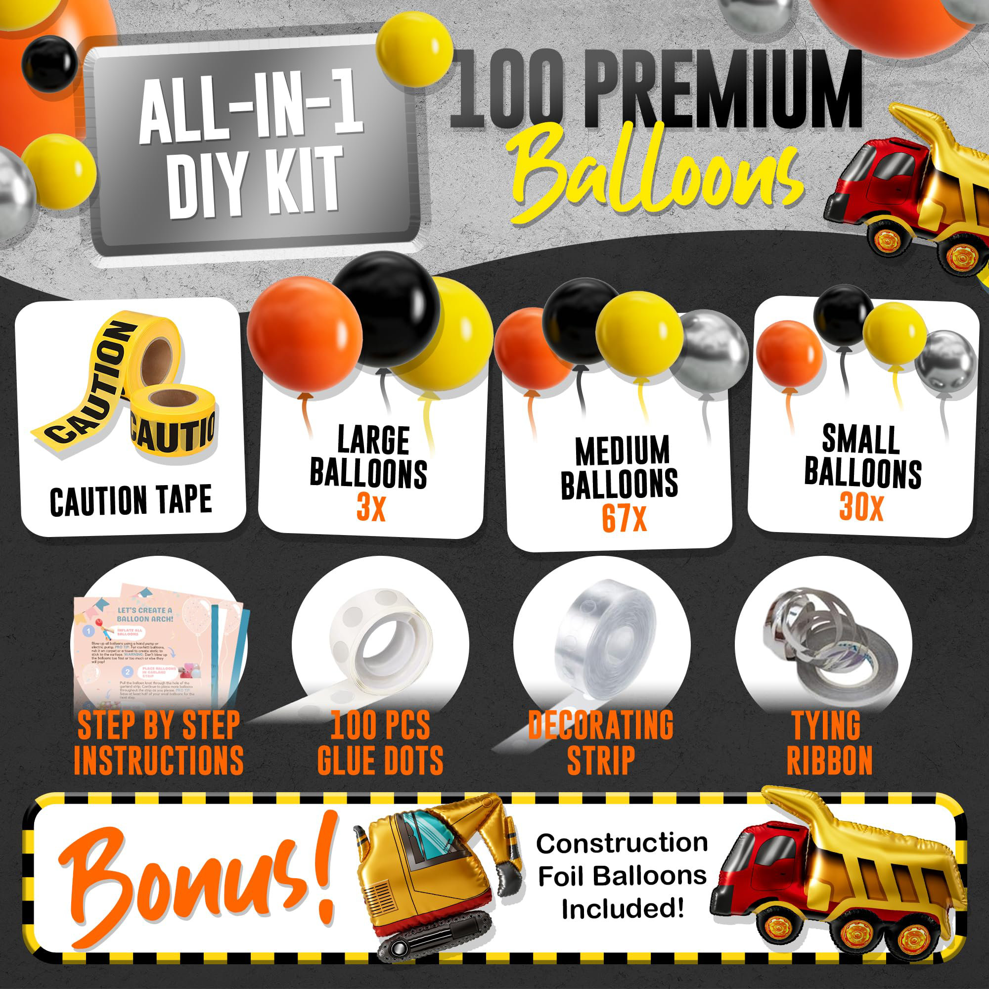 Zeki Shoggy ALL-IN-1 Construction Balloon Arch Kit With BONUS Caution ...