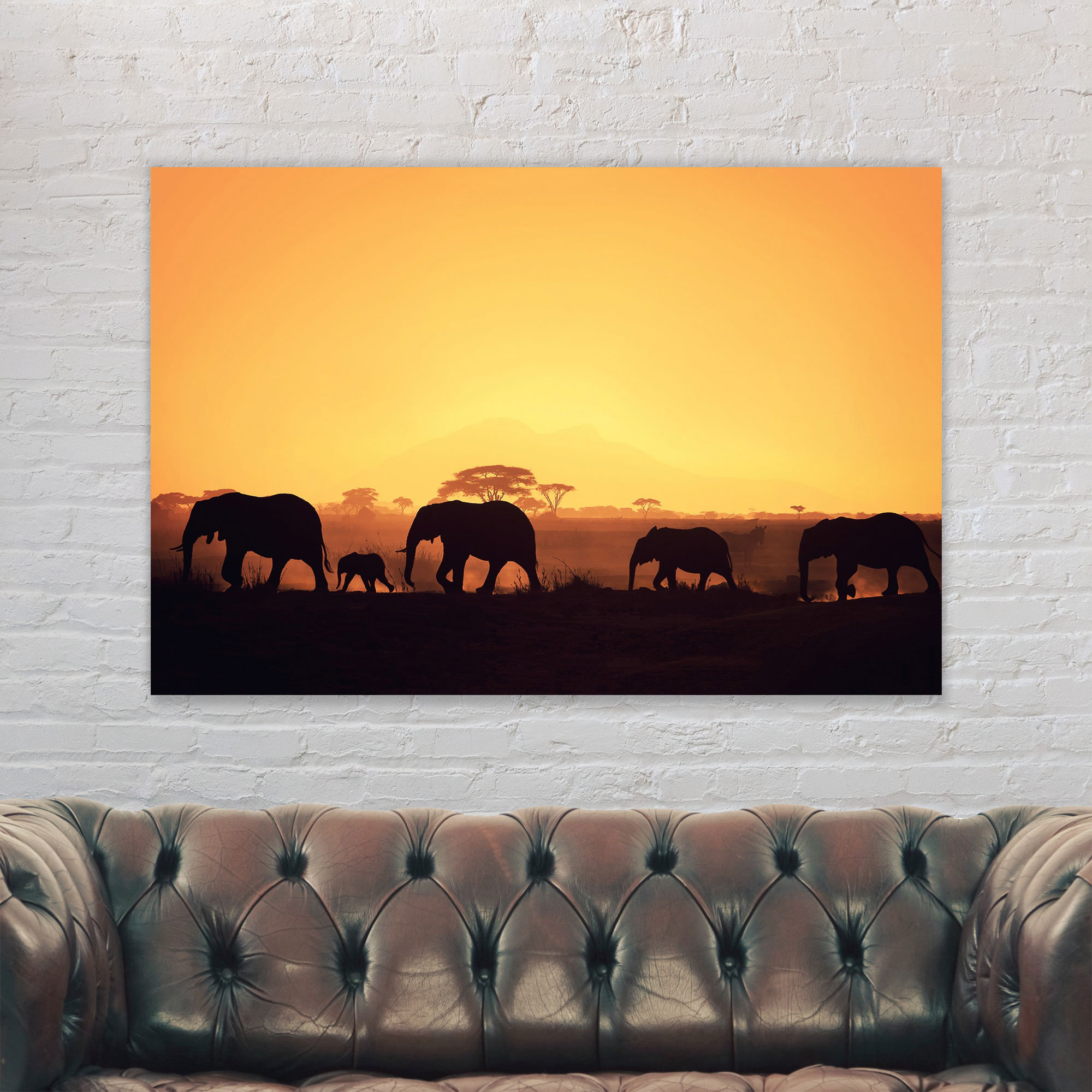 ModernMoments African Elephant Group Safari Sunset - Wrapped Canvas ...
