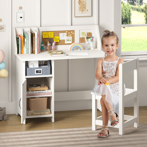 Harriet Bee Wooden Kids Study Desk And Chair Set, Kids Computer Desk ...