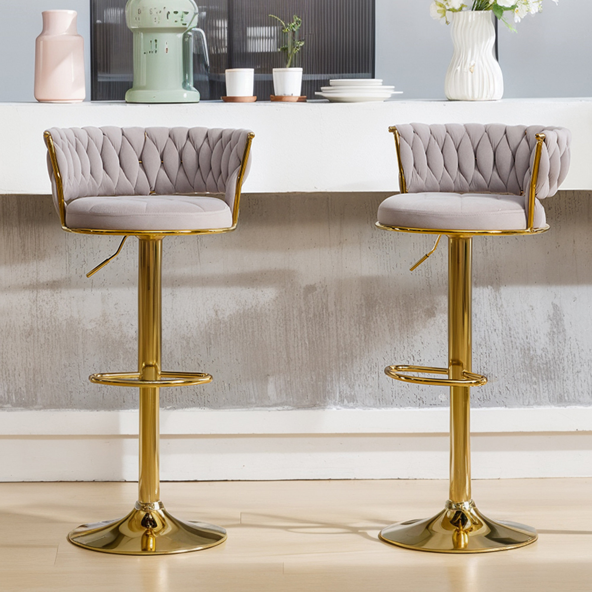 Wade Logan® Aryelle Velvet Upholstered Bar Stools with Woven Backrest ...