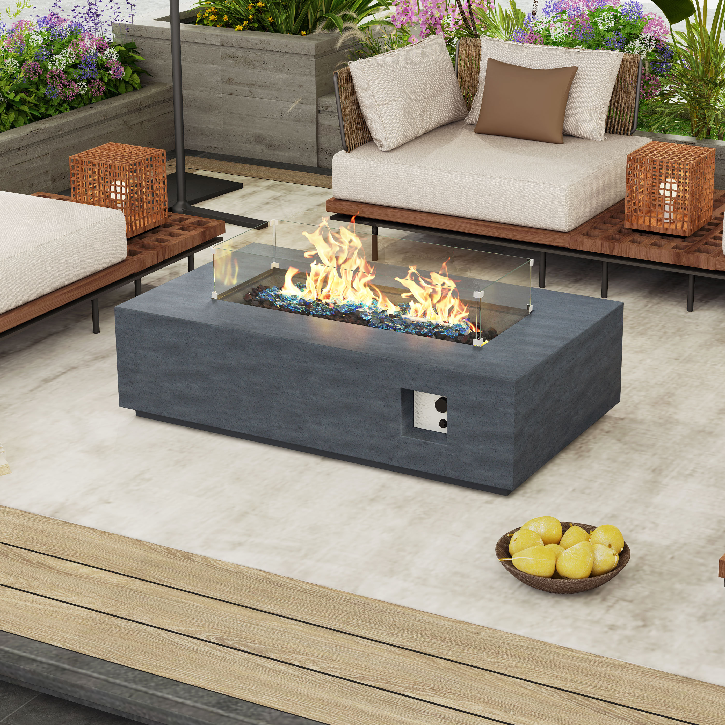 Brayden Studio Outdoor Rectangular Concrete Fire Pit Table With Glass ...