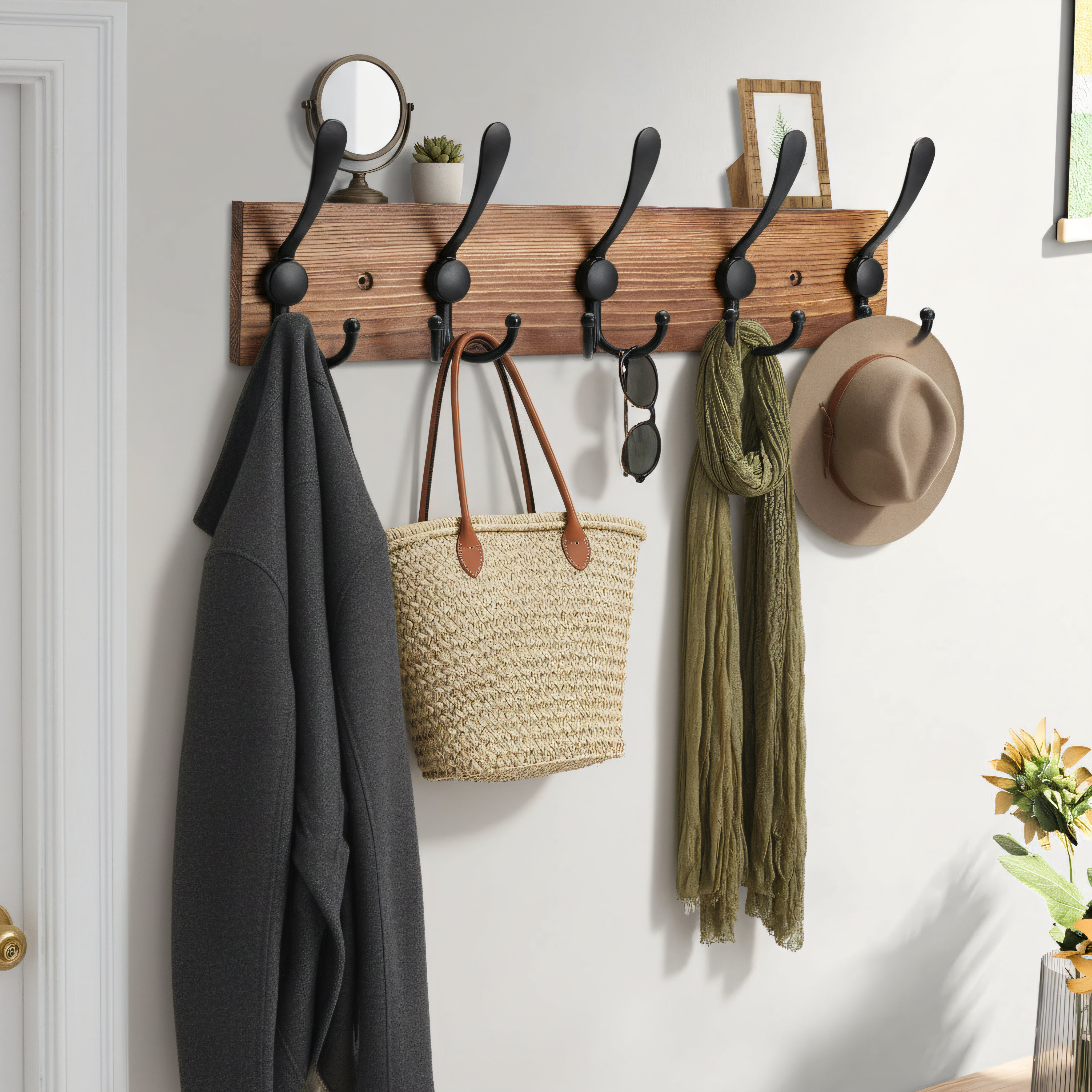 August Grove® Pine Solid Wood Wall-Mounted Coat Rack, 16.8 Inches, 5 ...