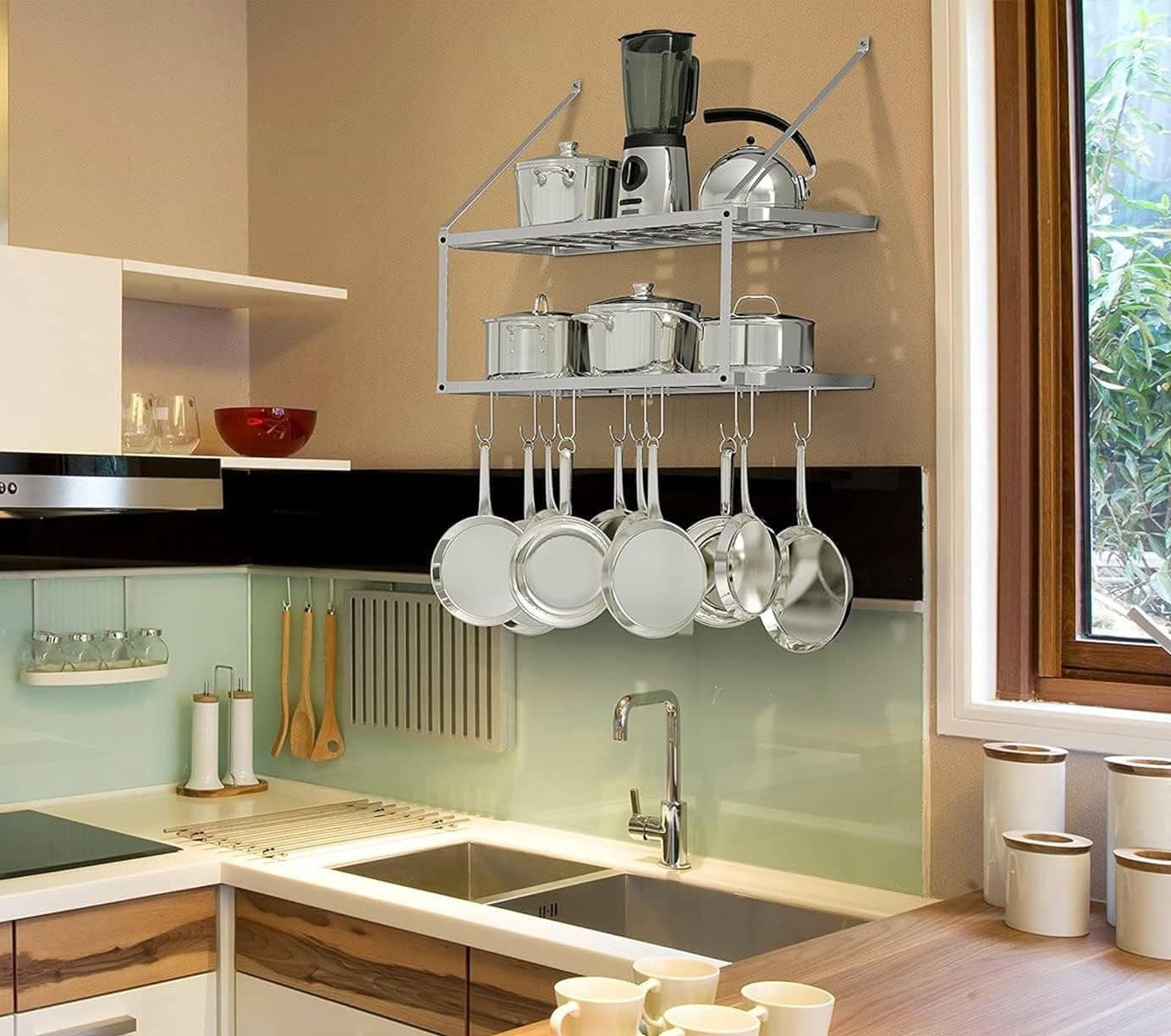 Prep & Savour 2-Tier 29.5"W Cast Iron Pot Rack with Moveable Hooks ...