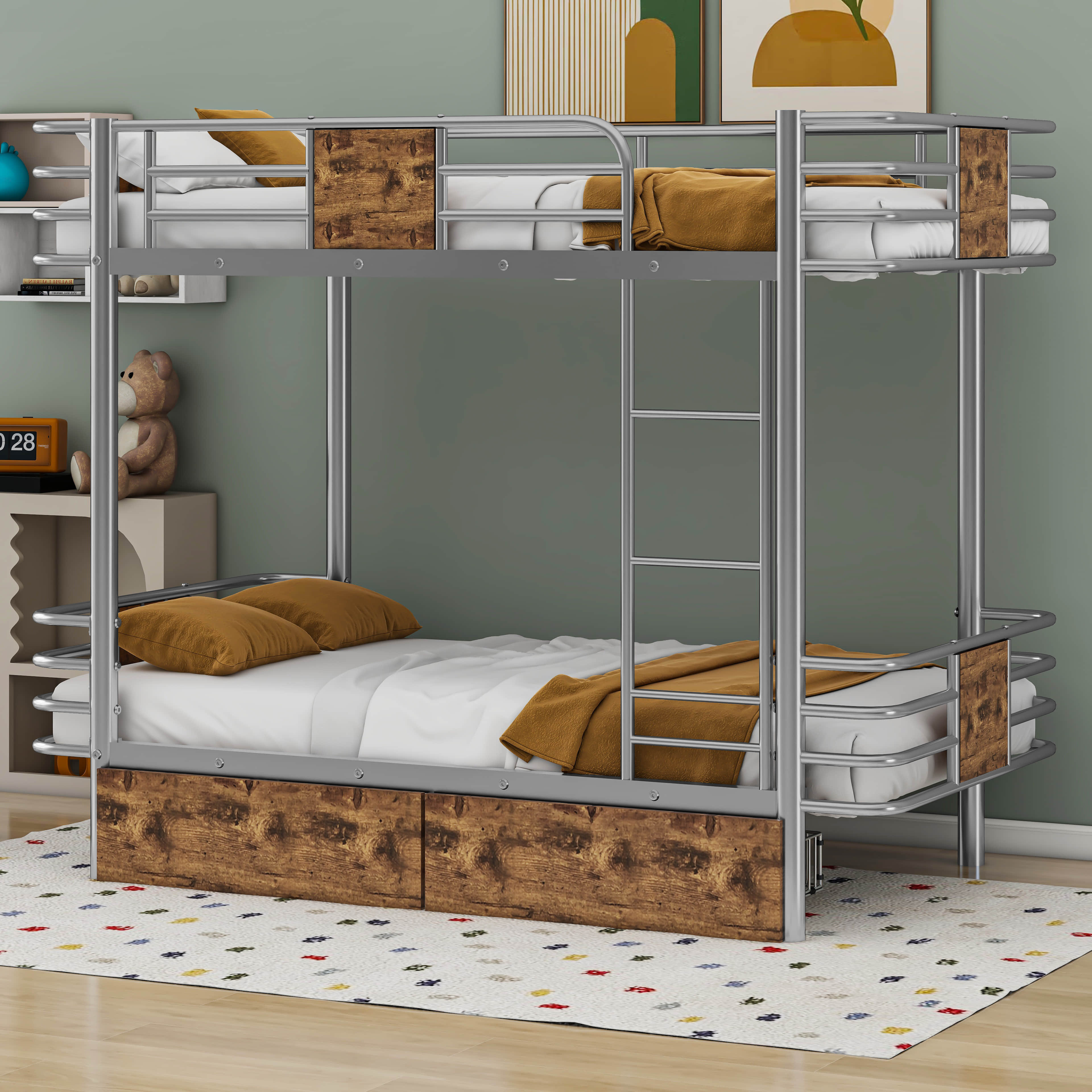 Cosmic Kids Twin XL over Twin XL Metal Bunk Bed with Two Drawers | Wayfair
