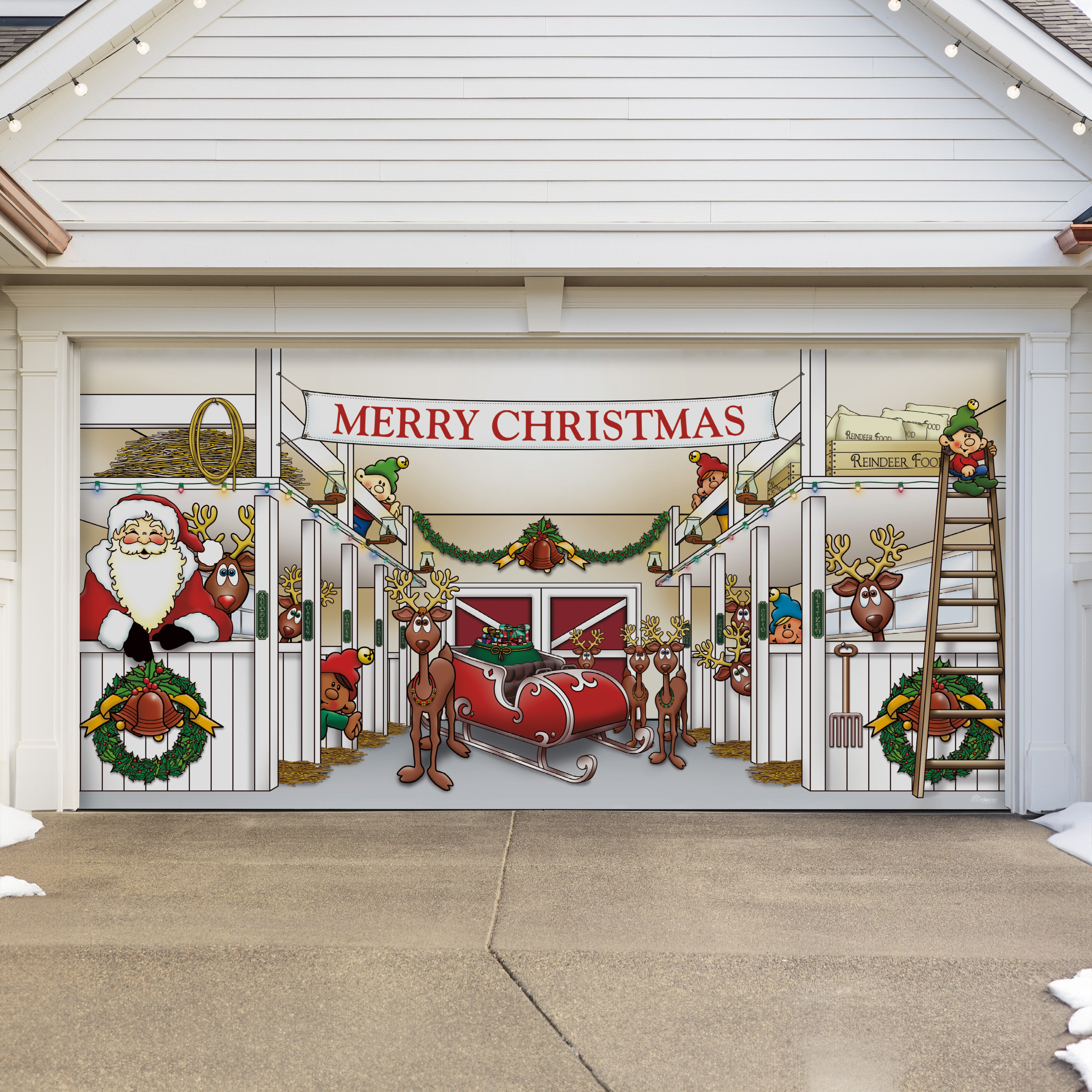 The Holiday Aisle® Huge Santa's Reindeer Barn Garage Door Mural ...