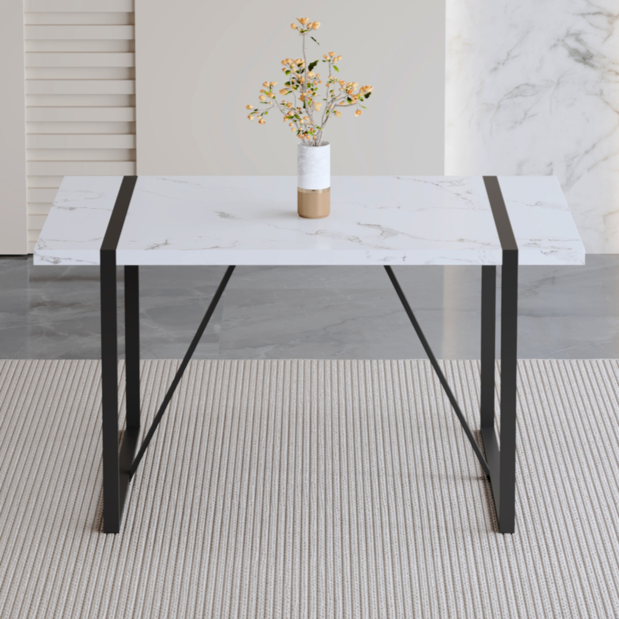 Ivy Bronx Industrial Rectangular MDF White Pattern Dining Table For 4-6 ...