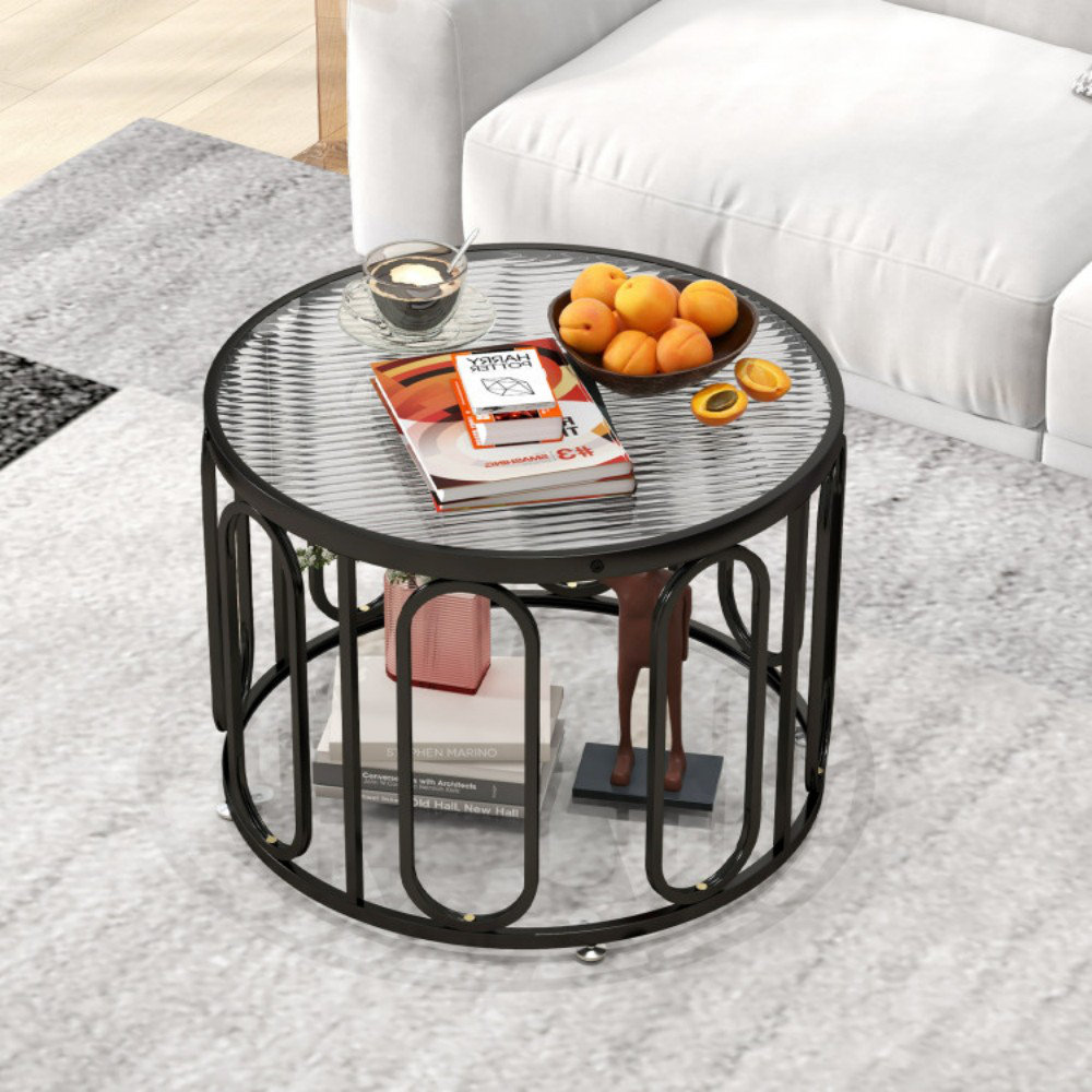 Ebern Designs 24 Inch Round Coffee Table with Reeded Tempered Glass Top ...