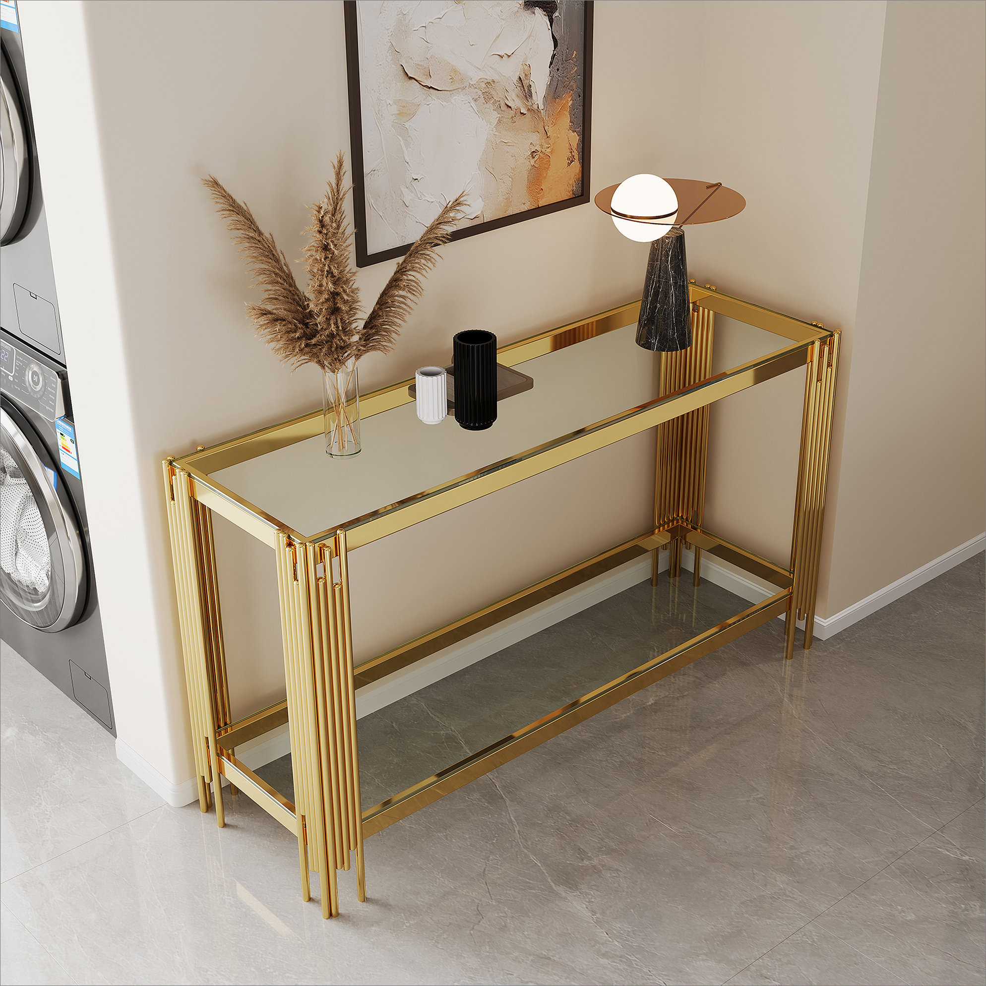 Orren Ellis Top and Bottom Double Layer Tempered Glass Console Table ...