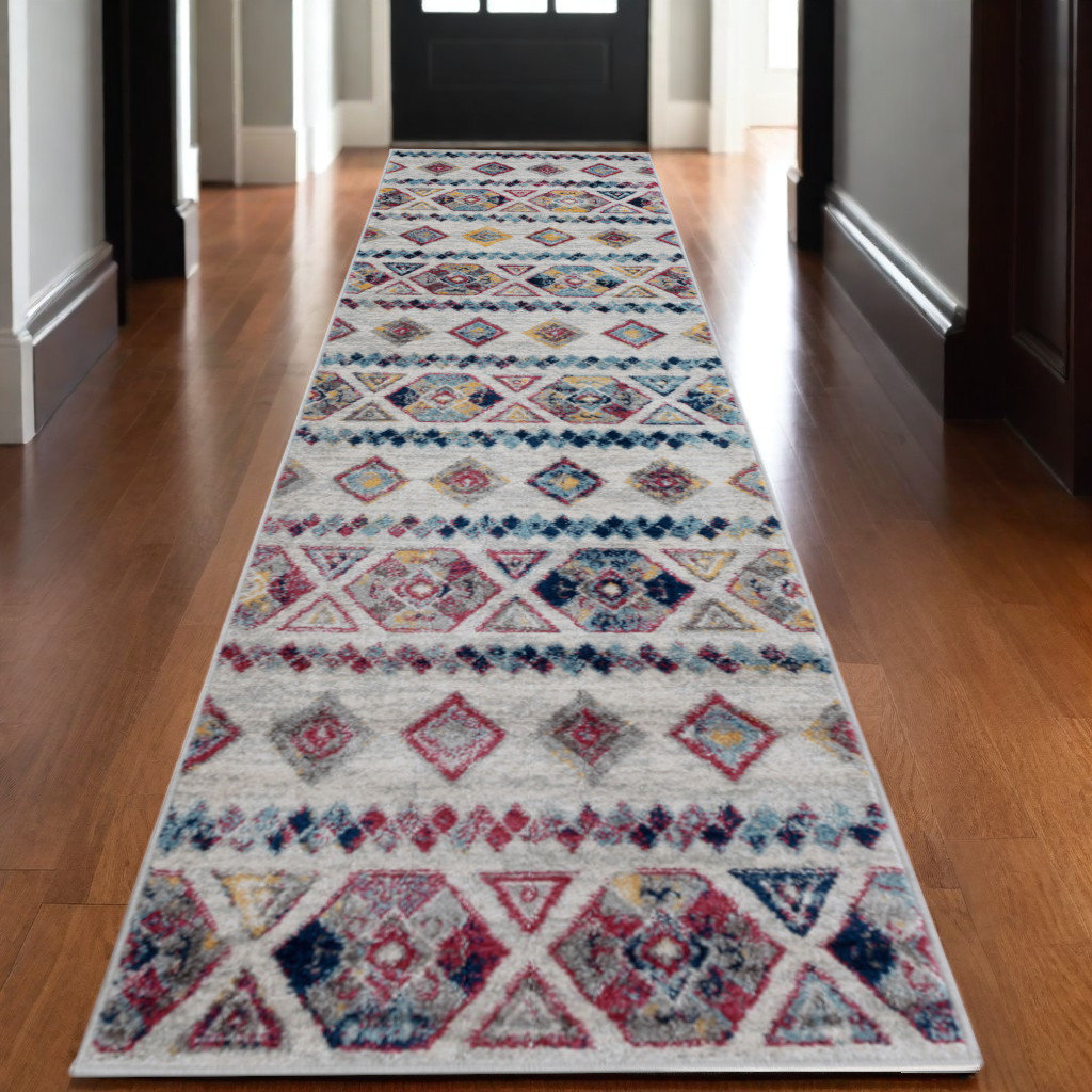 HomeRoots 10' Ivory Blue and Orange Geometric Power Loom Runner Rug ...
