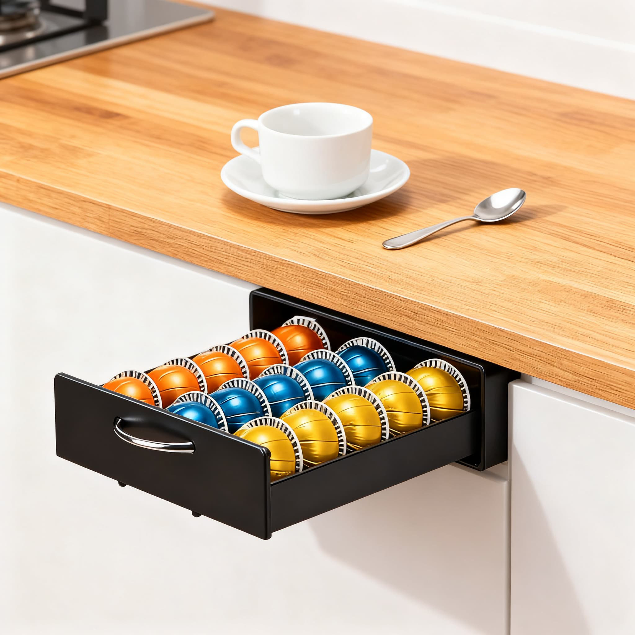 caimen Pod Drawer Organizer For Coffee Capsules, Black Metal Stand With ...