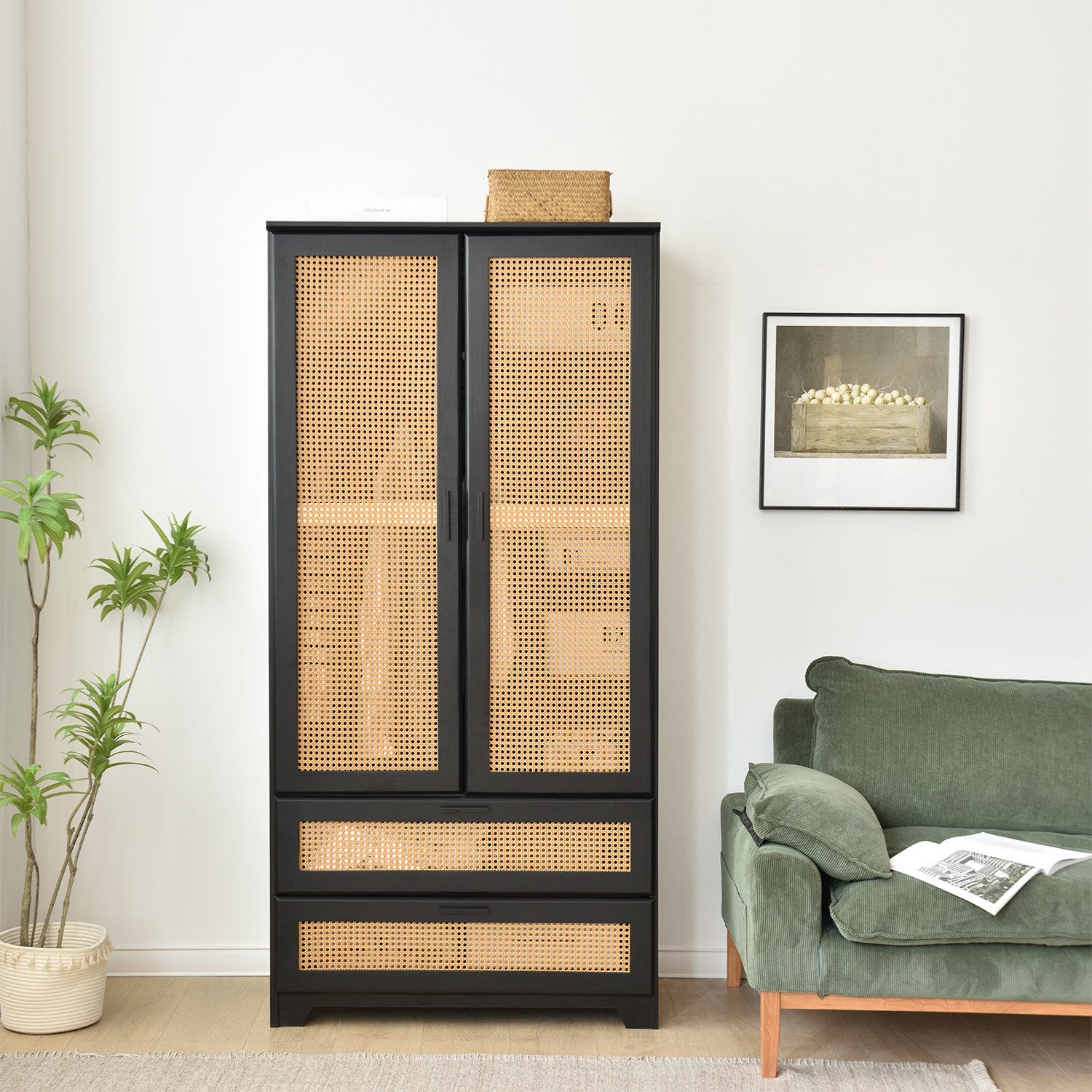 Bay Isle Home™ Solid Pine Wood Closet with Rattan Doors and 2-Drawers ...