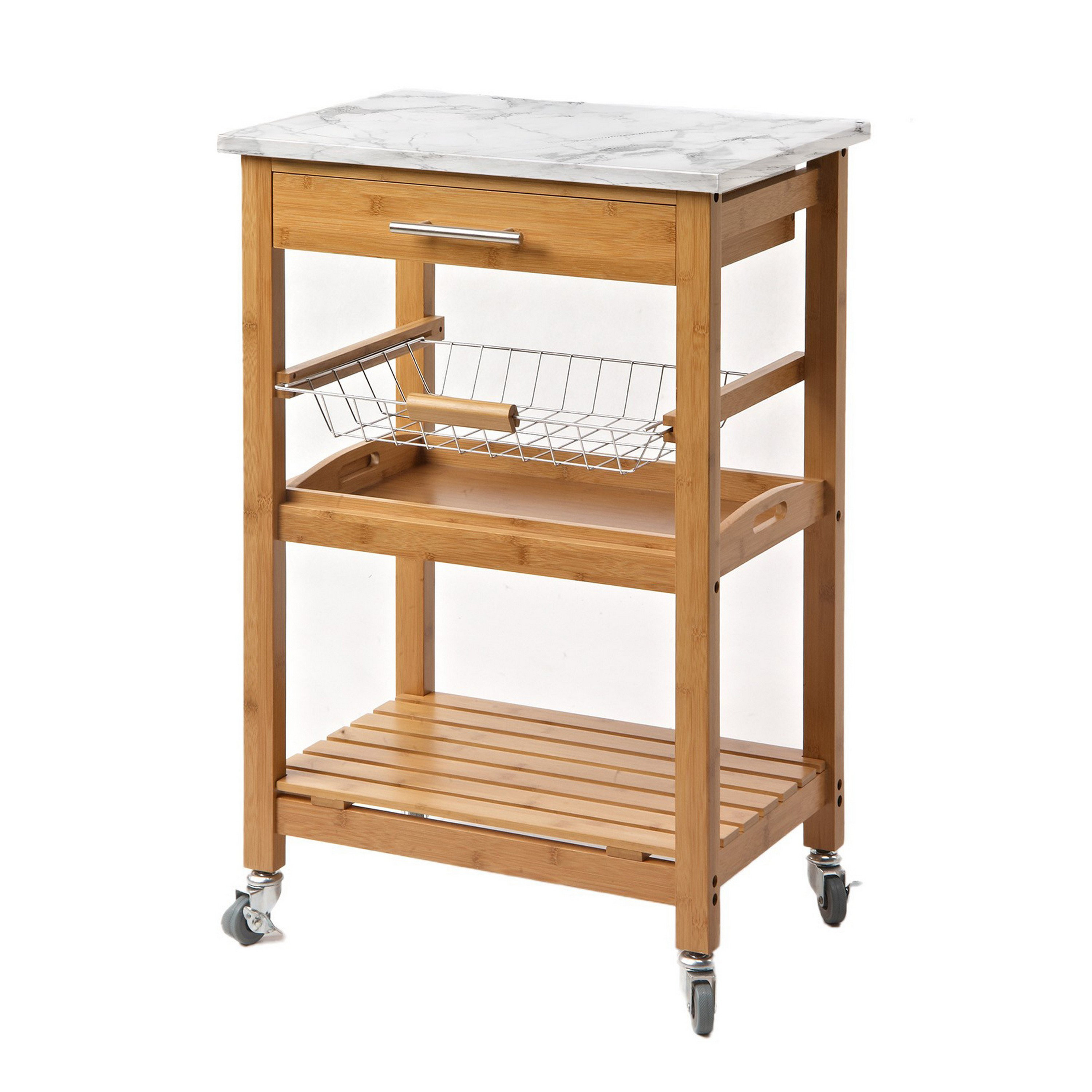 Benjara Jude Rolling Kitchen Bar Cart, 2 Shelves, Faux Marble, Brown ...