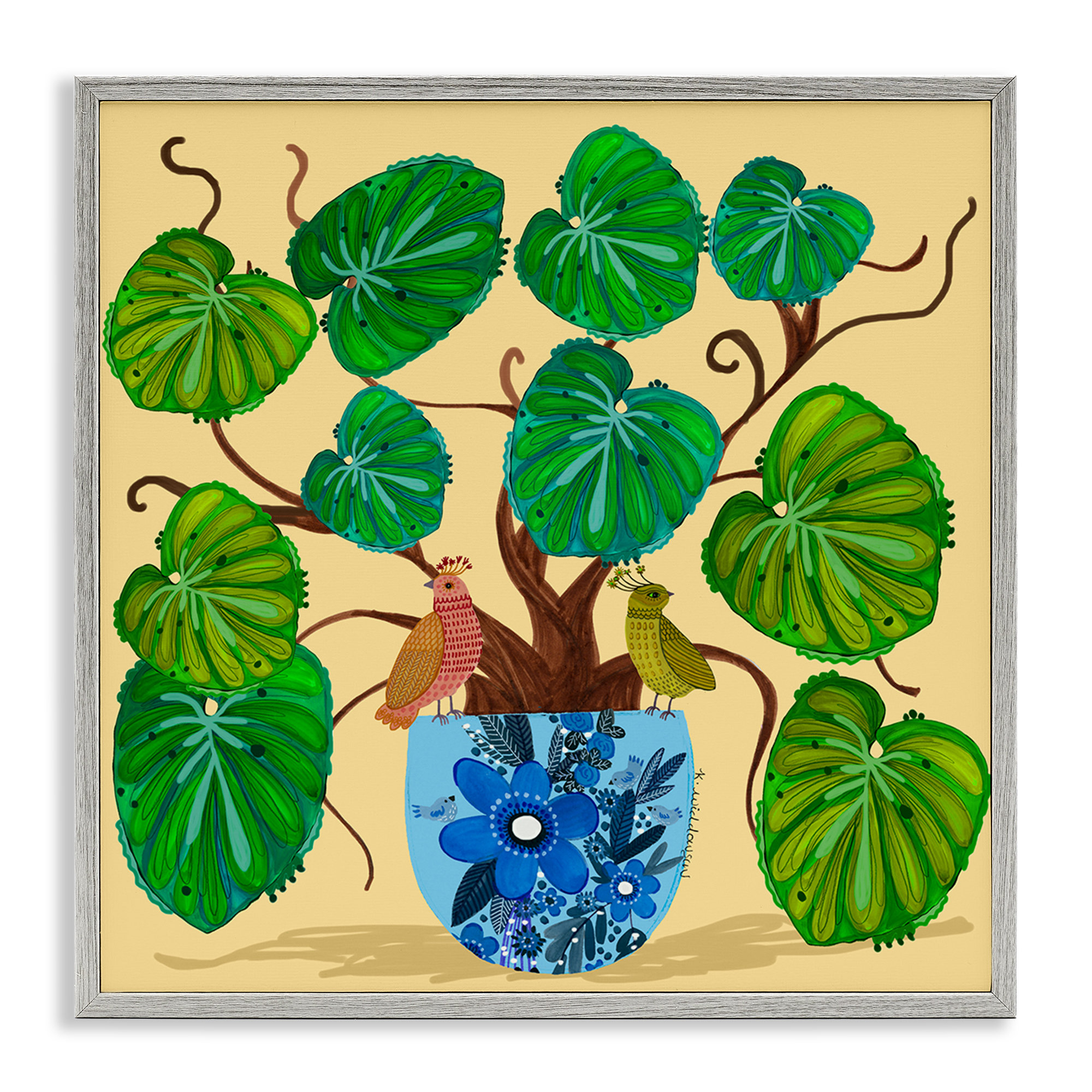 Dakota Fields Potted Plant & Birds Perched Framed Giclee, design by Kay ...