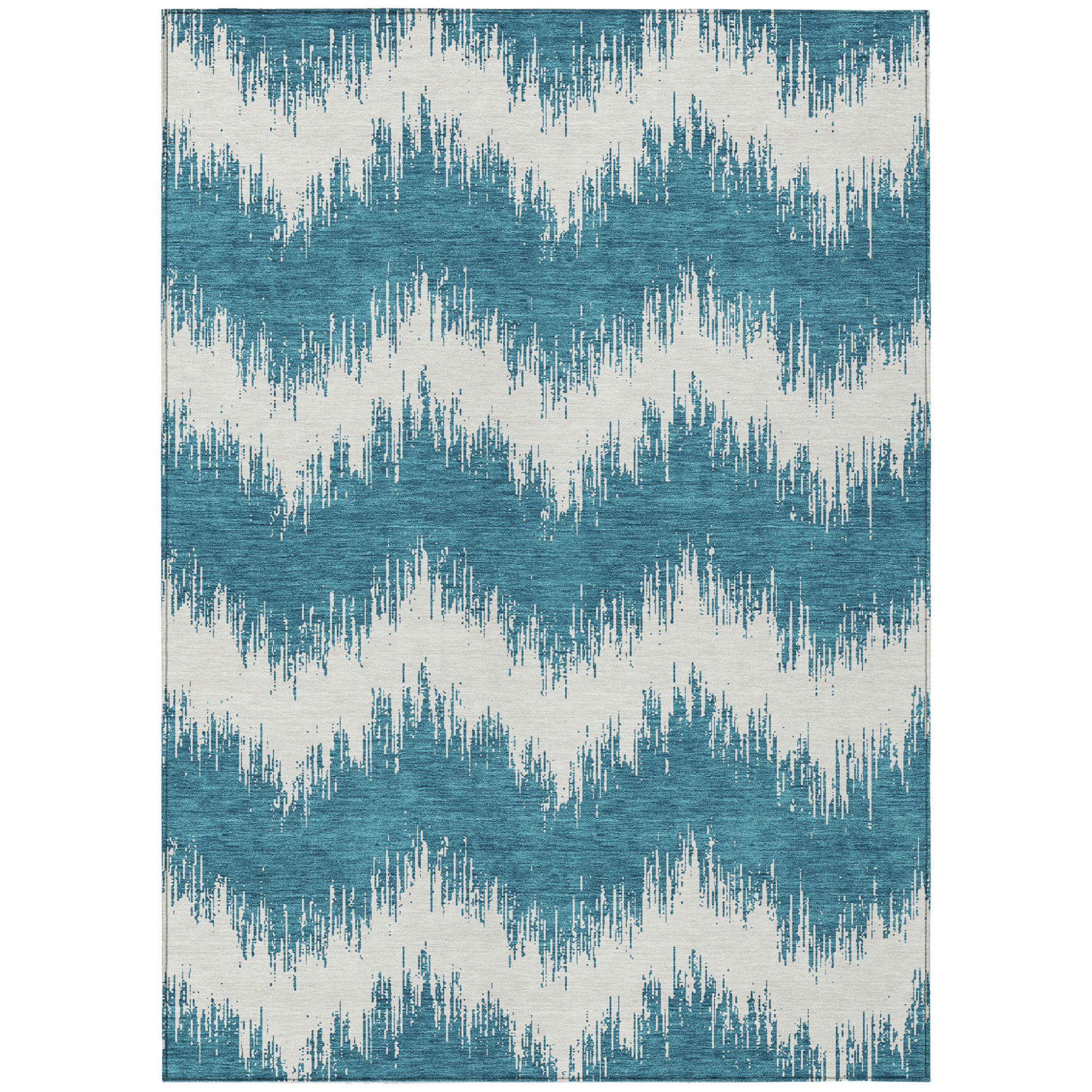 HomeRoots 9' X 12' Teal Blue And Ivory Chevron Washable Indoor Outdoor ...