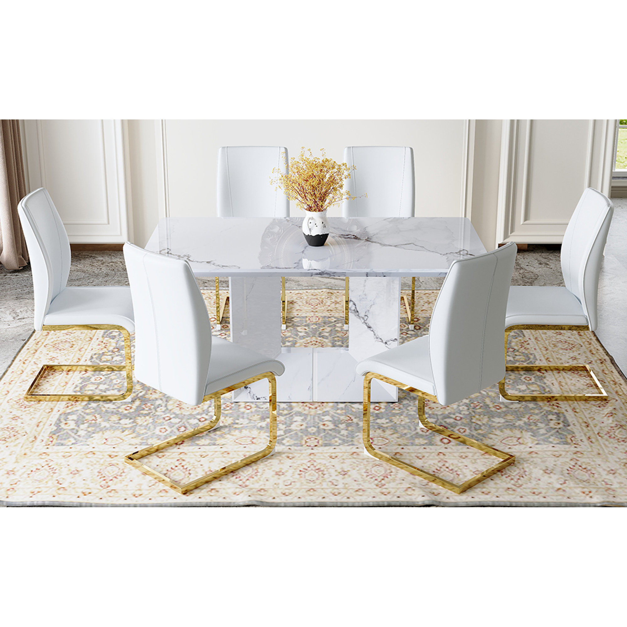 Everly Quinn "x35.4" White Marble-patterned Mdf Dining Table Set With 6 ...
