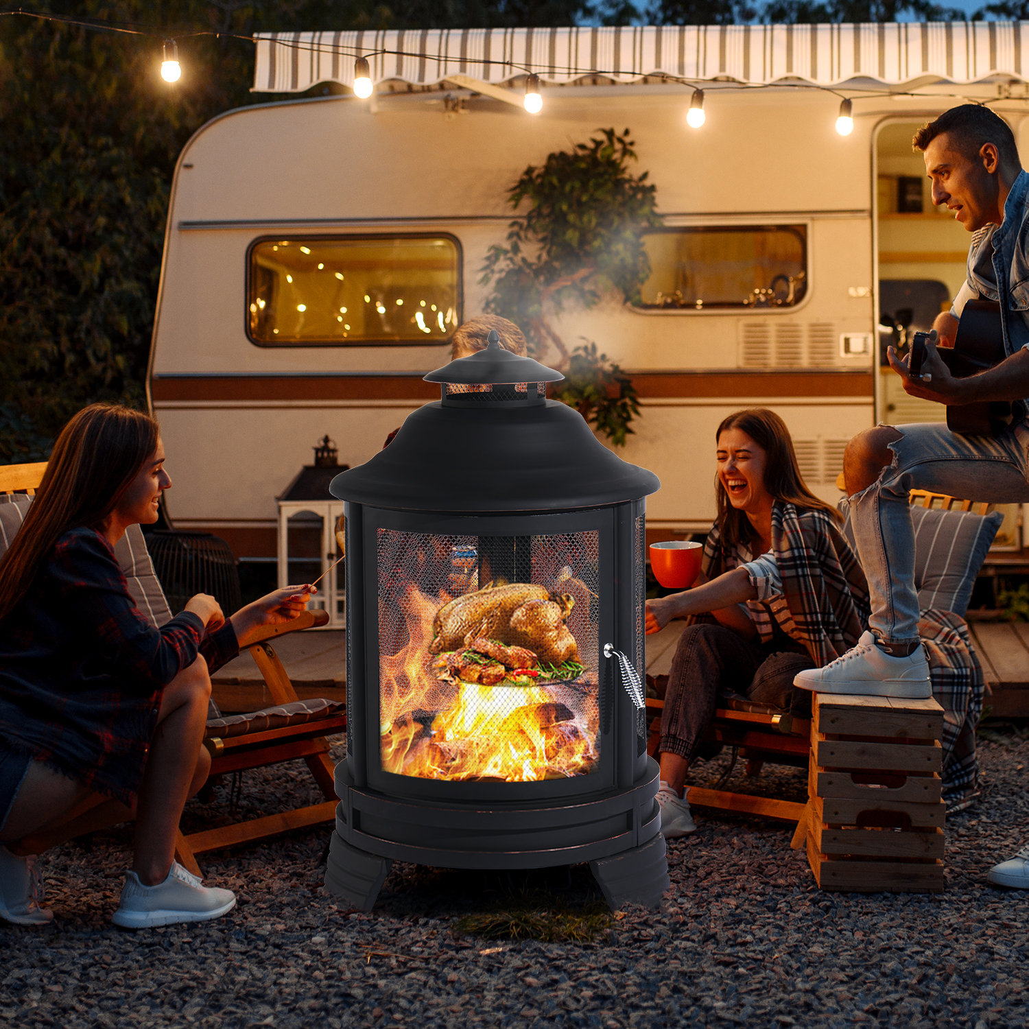 JolyDale 45.3'' H x 28'' W Iron Wood Burning Outdoor Fire Pit with Lid ...