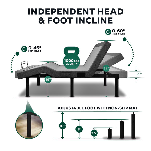 Alwyn Home Luzon Adjustable Inclining Bed Frame with Dual Massage Smart ...