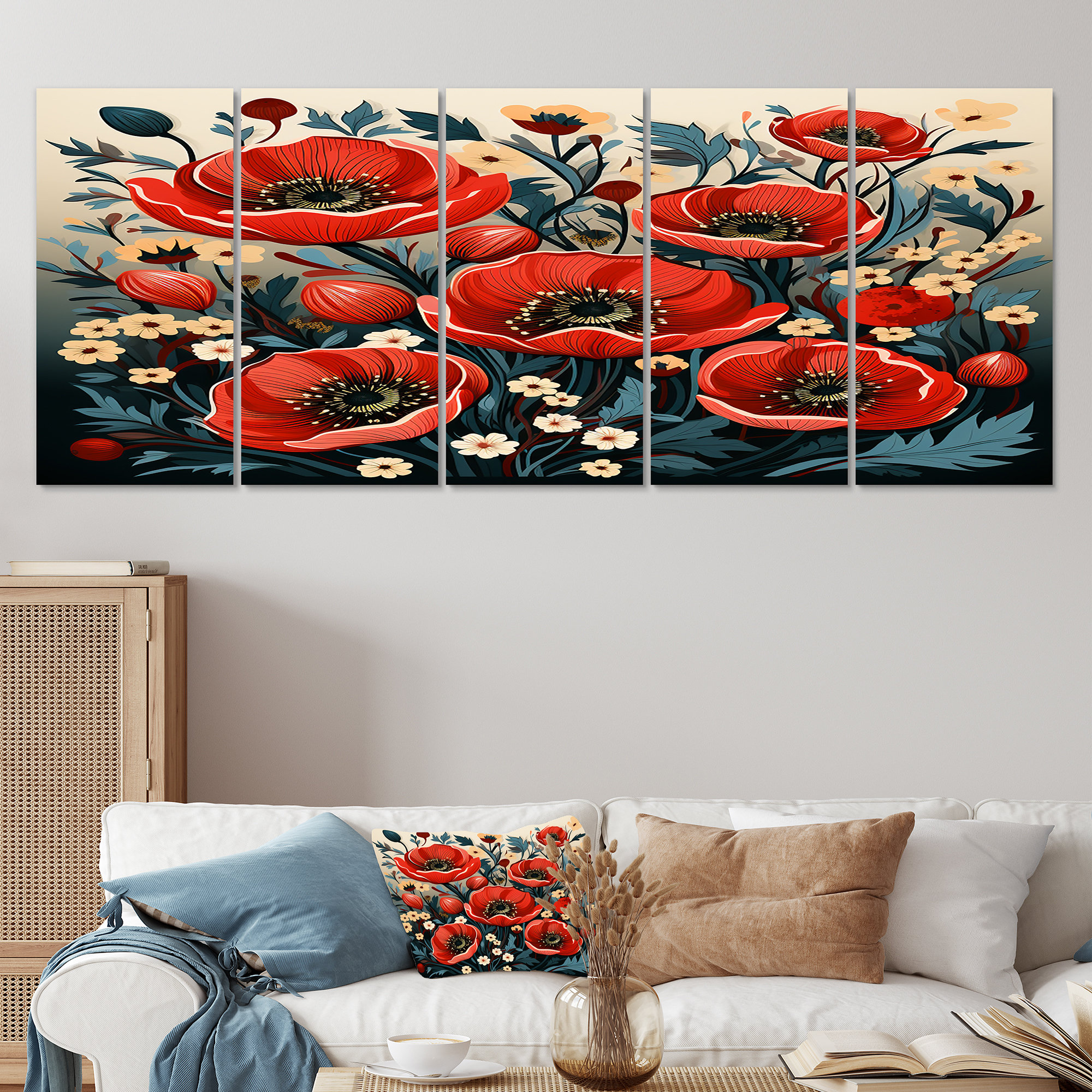 Lark Manor™ Red Poppies In The Meadow Retro Illustration - Poppy Wall ...