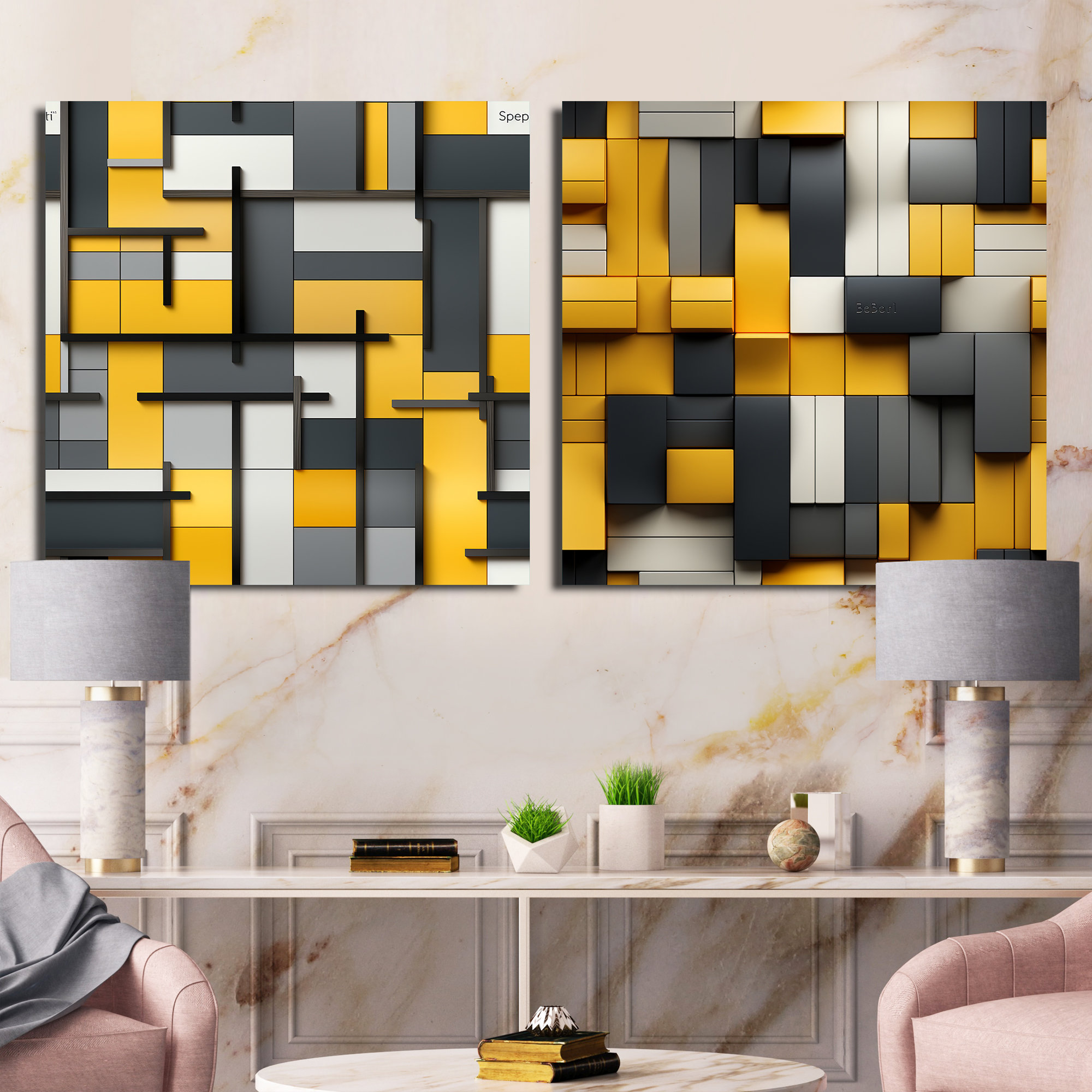 Design Art Yellow And Grey Geometric Blocks Harmony - Abstract Shapes ...