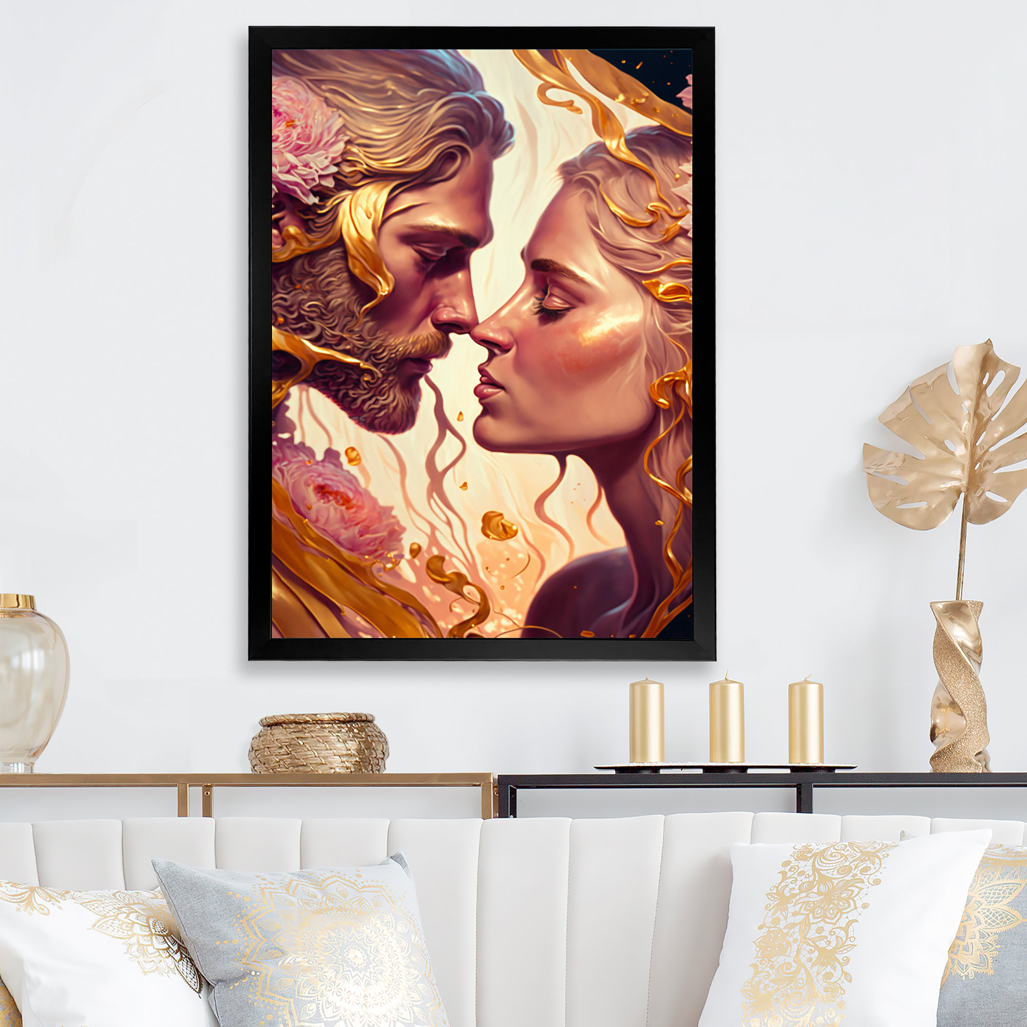 House of Hampton® Gold And Pink Couple Kissing Art - Traditional Canvas ...