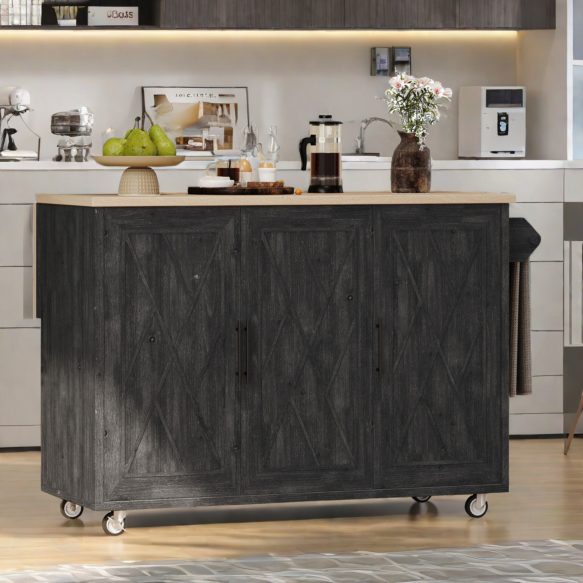 Gracie Oaks Rolling Kitchen Island With Drop Leaf, Internal Storage ...