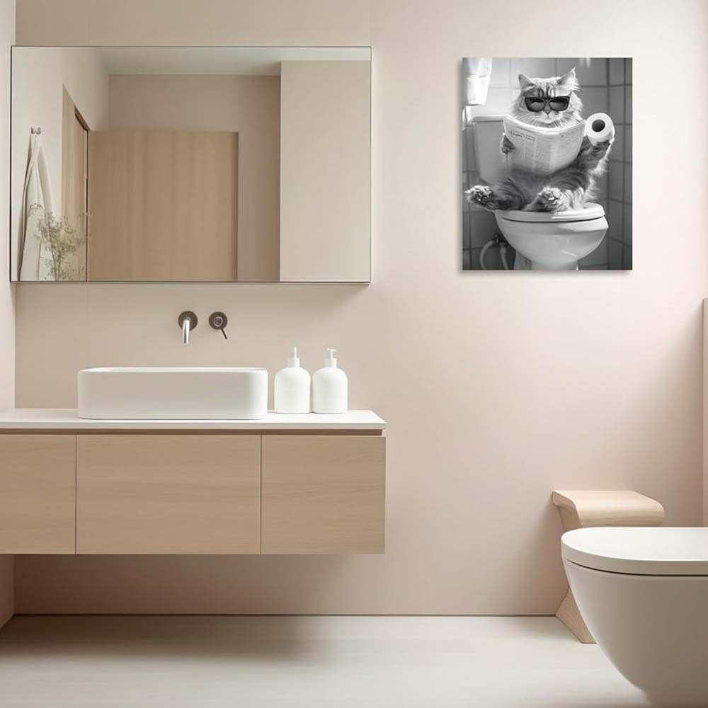 Latitude Run® Wall Art Funny Animal Bathroom Wall Art Cat On The Toilet ...