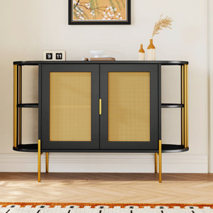 Mercer41 Quach Wood Storage cabinet with Gold Trim and Woven Rattan ...