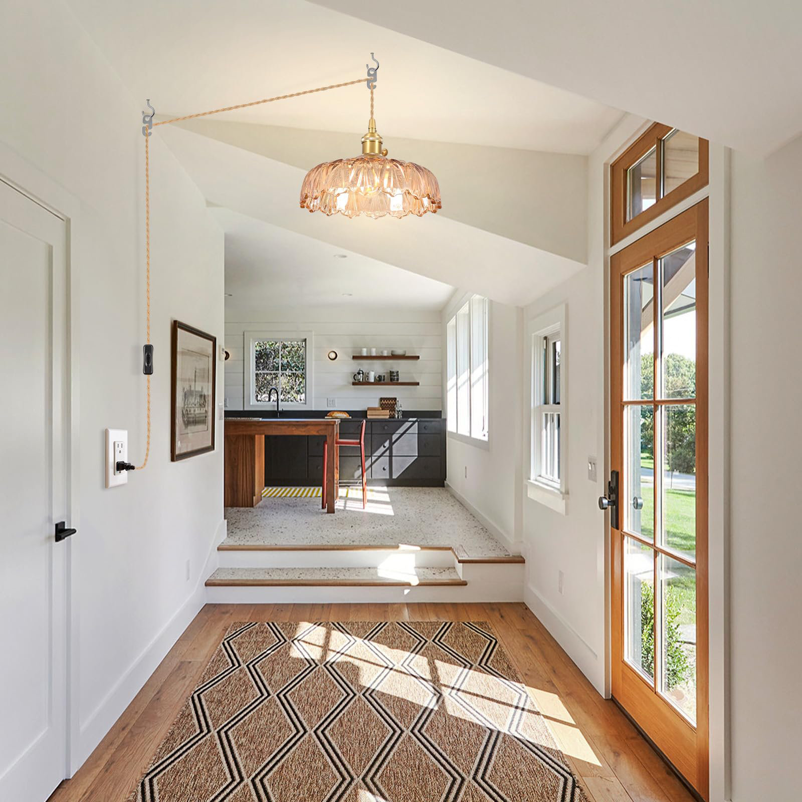 House of Hampton® Plug In Pendant Light Fixtures,Amber Glass Lampshade ...