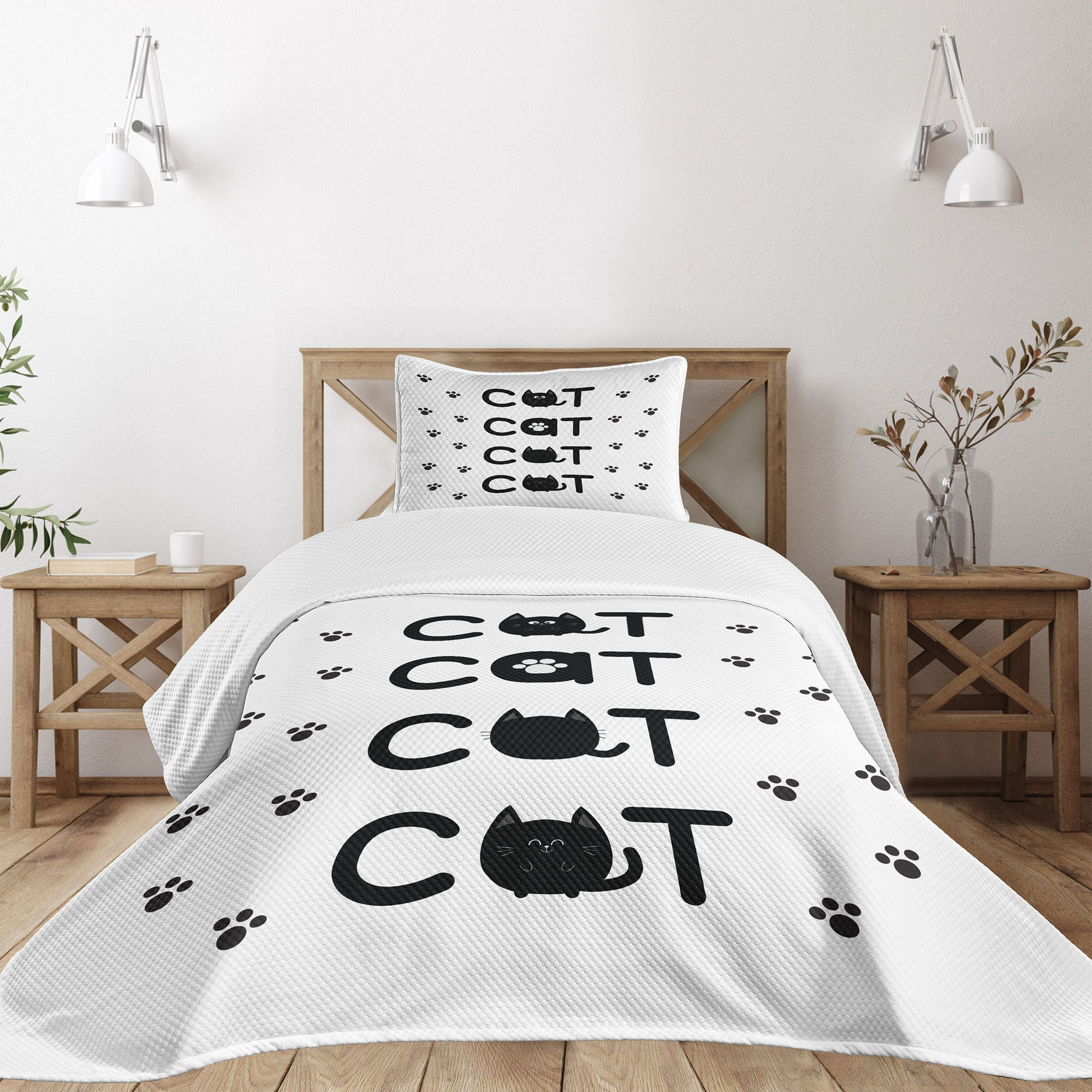 Ambesonne Cat Bedspread Set Cat Text with Paw Prints Black White | Wayfair