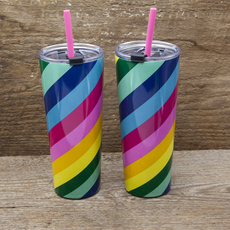 Cambridge Silversmiths Set Of 2 24Oz Multi-Color Stripe Insulated Straw ...