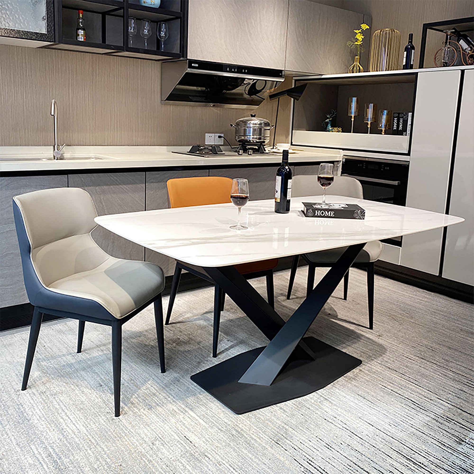 Orren Ellis Lesle Faux Marble Top Dining Table with Carbon Steel Base ...