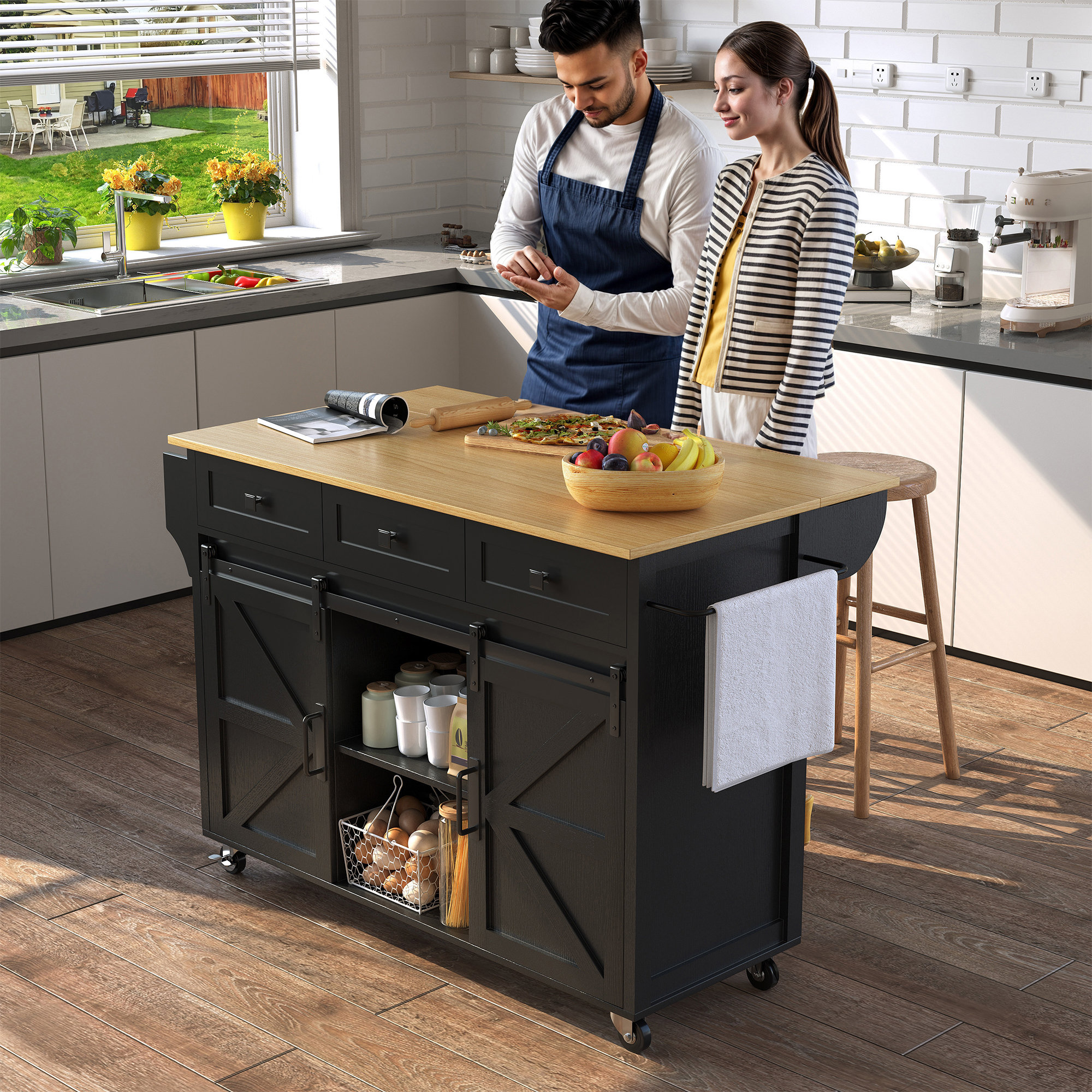 Gracie Oaks Farmhouse Kitchen Island Cart With Drop Leaf, Barn Door ...