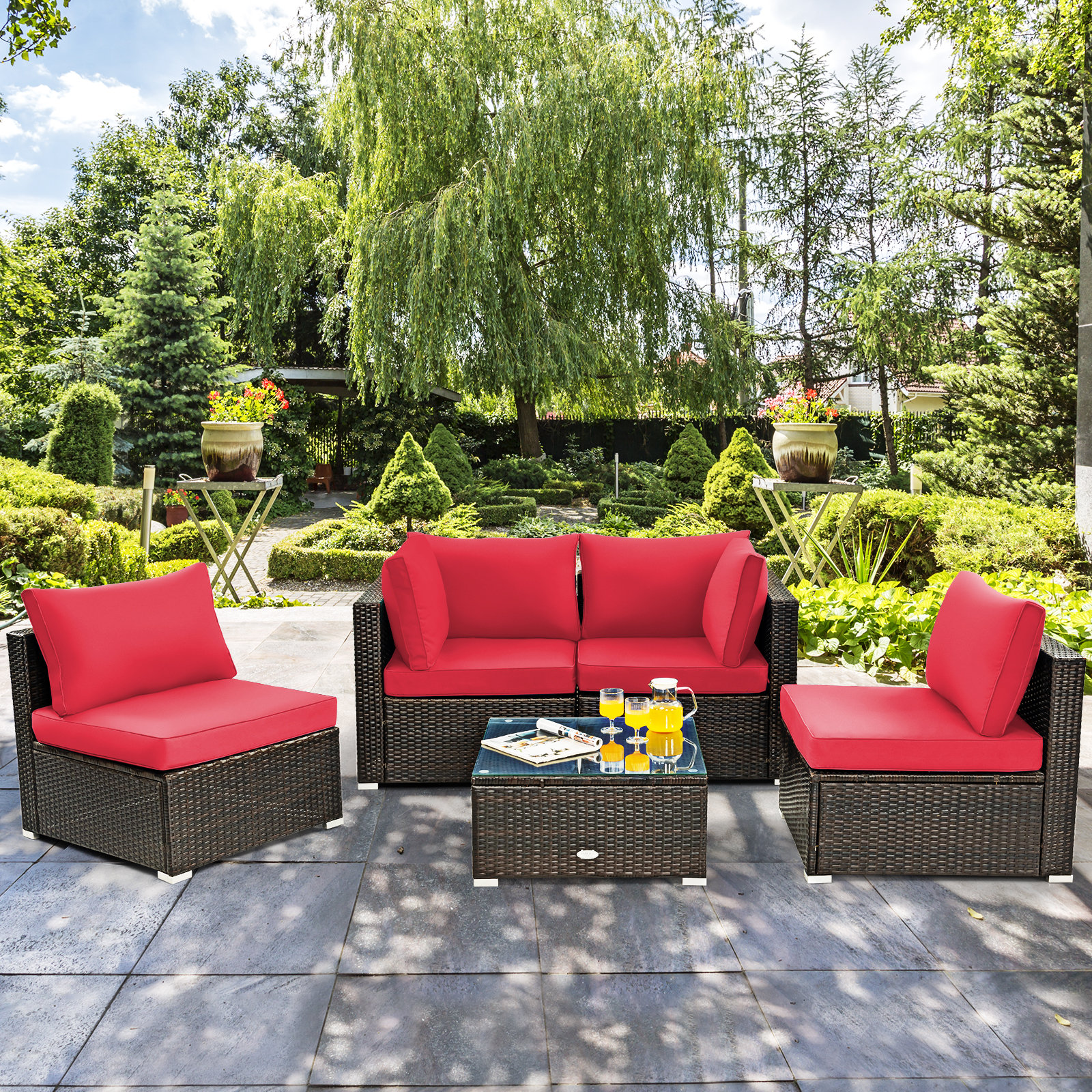 Ebern Designs Patiojoy 5pcs Rattan Patio Furniture Set Cushioned Sofa ...