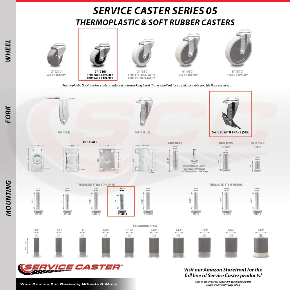 Service Caster 2 Inch Polyurethane Wheel 5/16 Threaded Stem Caster Set ...