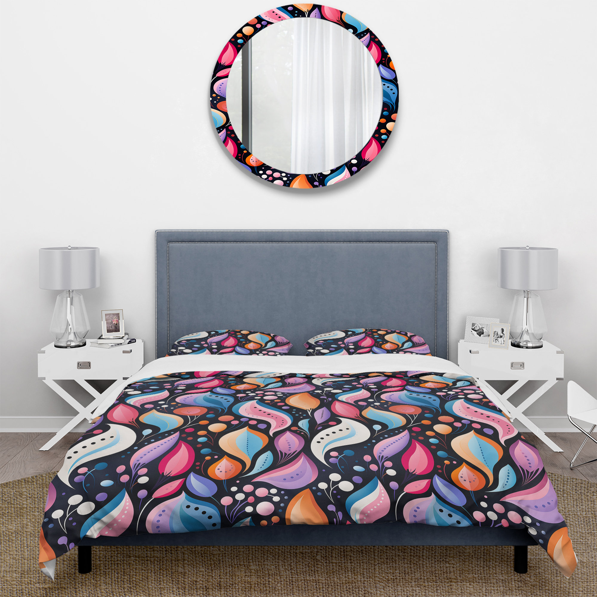 Design Art Midcentury Pruple Flowers Pattern Black/Purple Microfiber ...