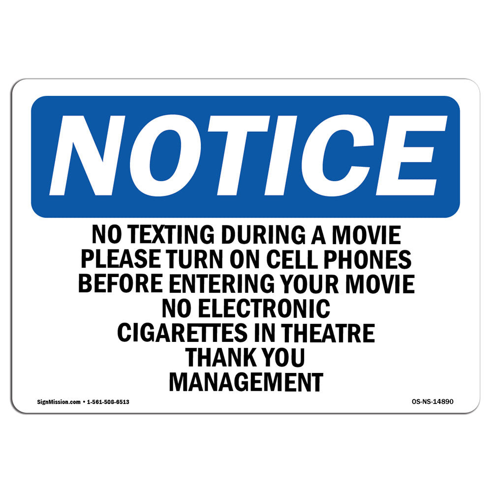 SignMission No Texting During a Movie Please Turn off Cellphones Sign ...