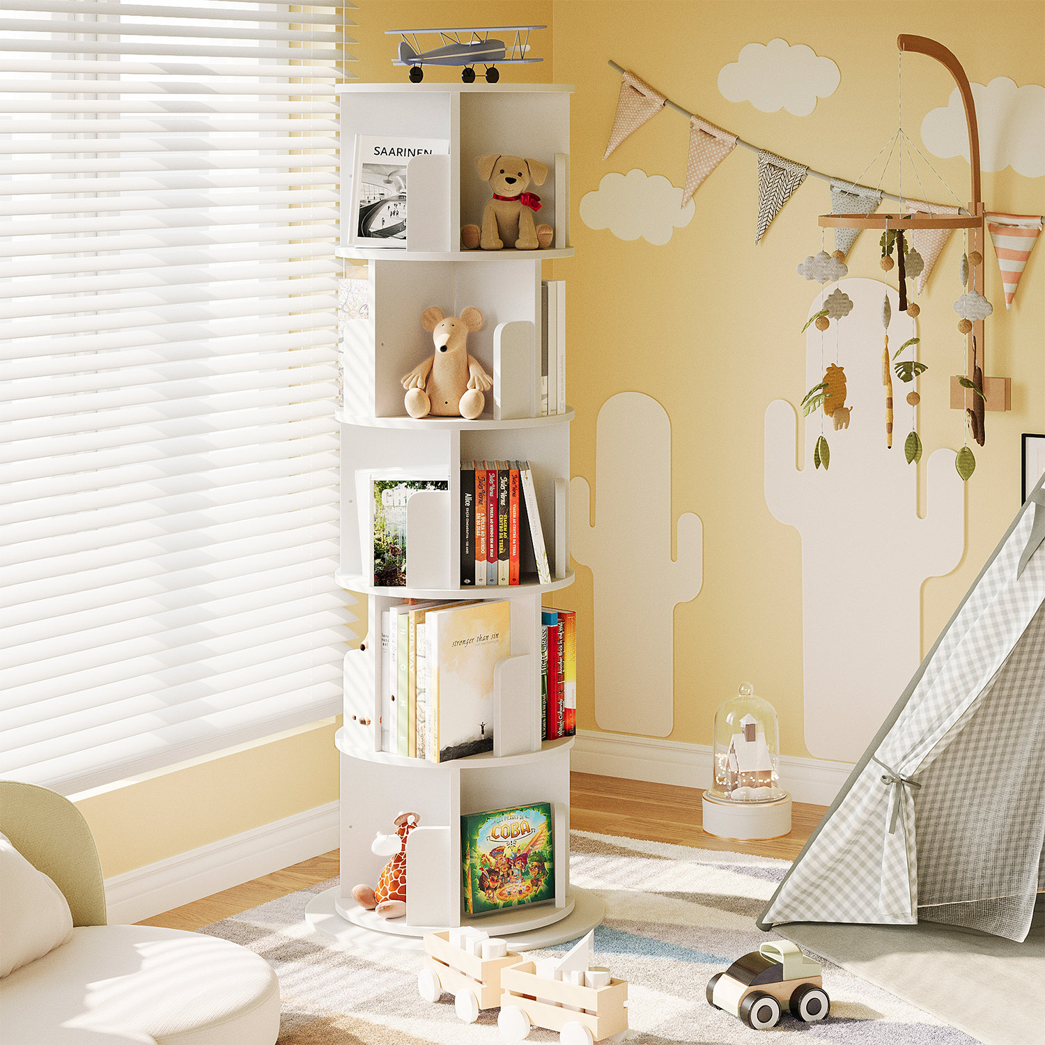 Ebern Designs 360° Rotating Bookshelf, 5 Tiers Corner Shelf, Rotating ...