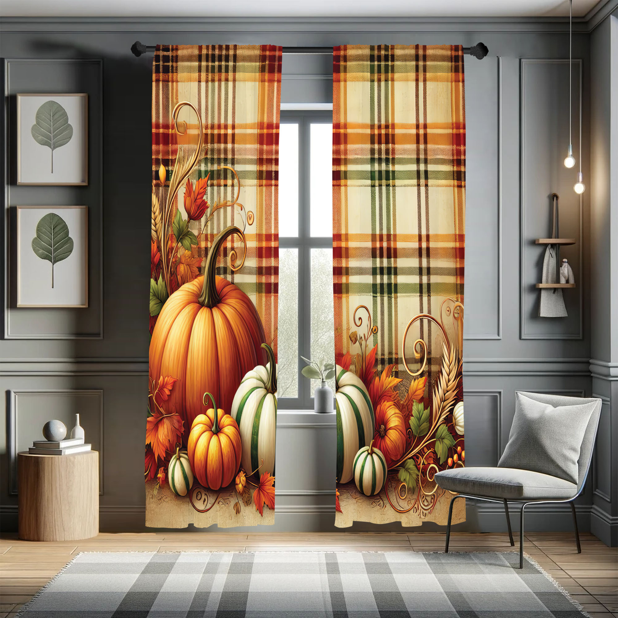 Ophelia & Co. Fall Curtains, Thanksgiving Plaid Pumpkins | Wayfair