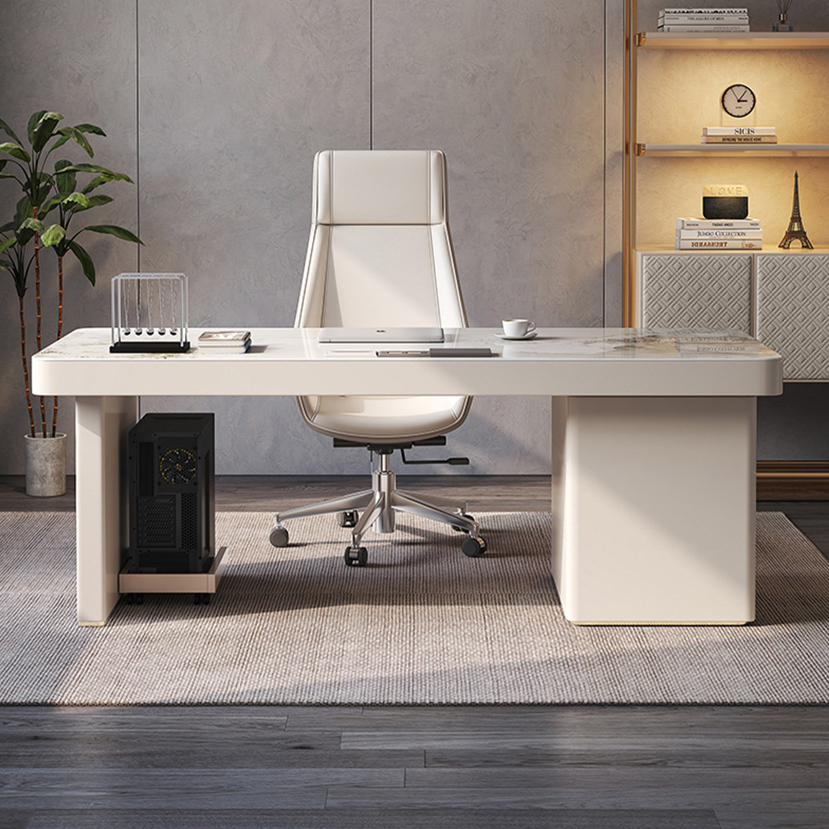 Hokku Designs A simple white rectangular rock plate desk with a cabinet ...