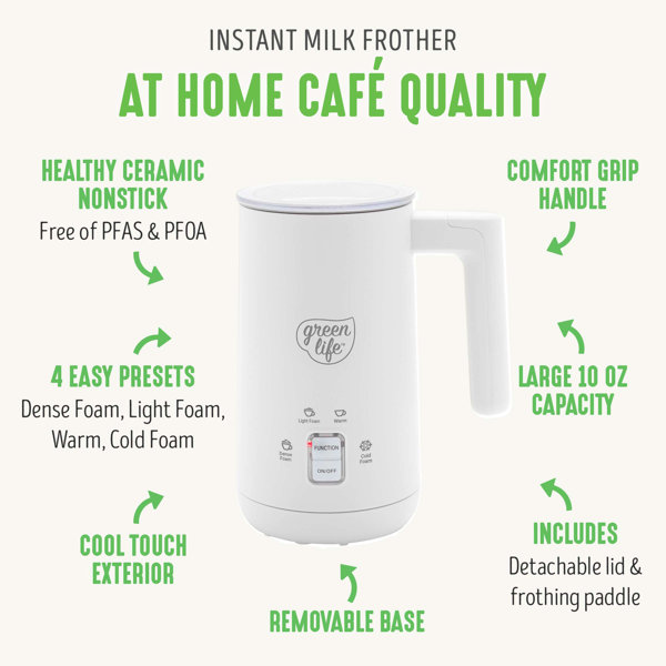 GreenLife 10oz Electric Milk Frother, 4-in-1 Hot and Cold Milk Warmer ...