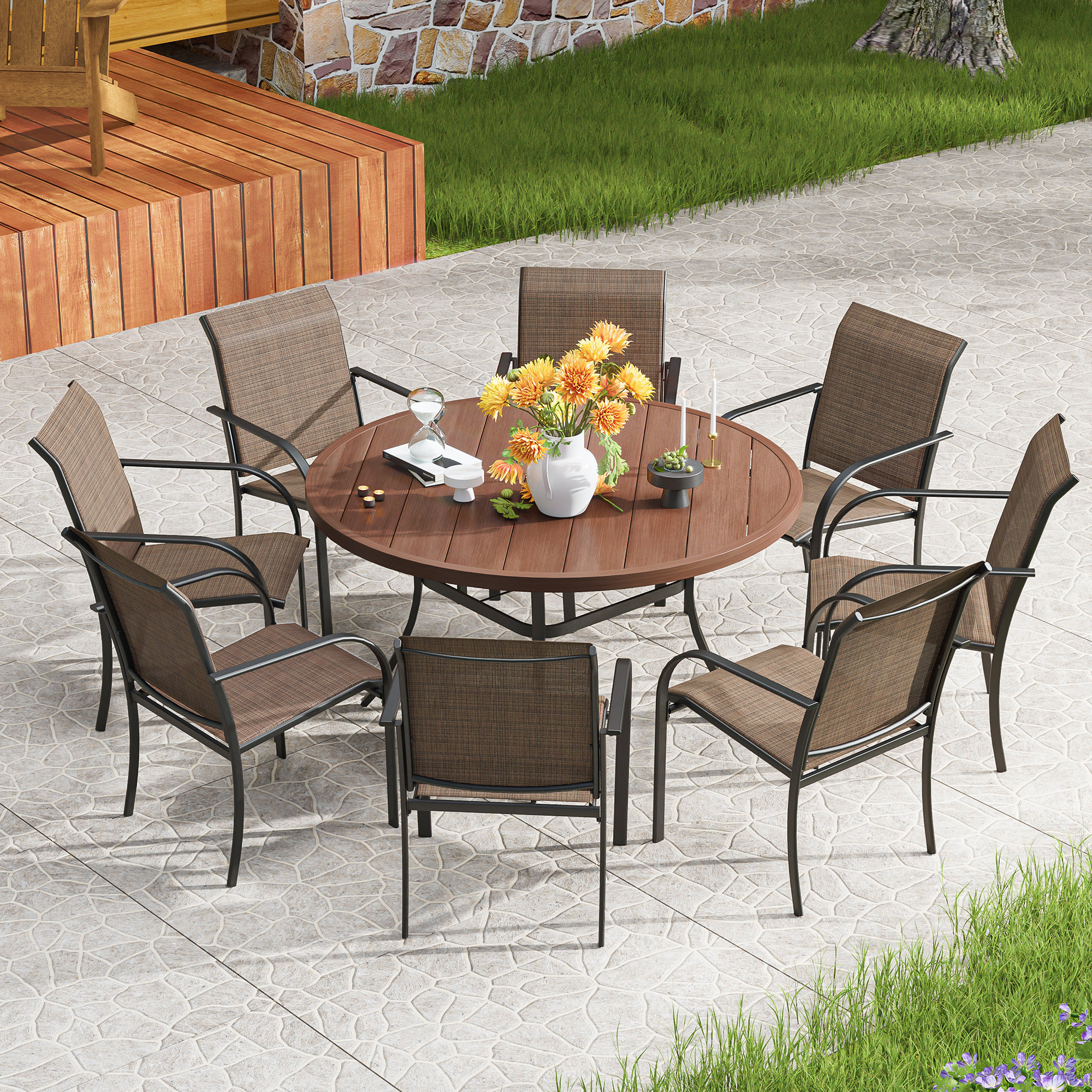 Latitude Run® Round Patio Dining Set for 8 - Round Table with Umbrella ...