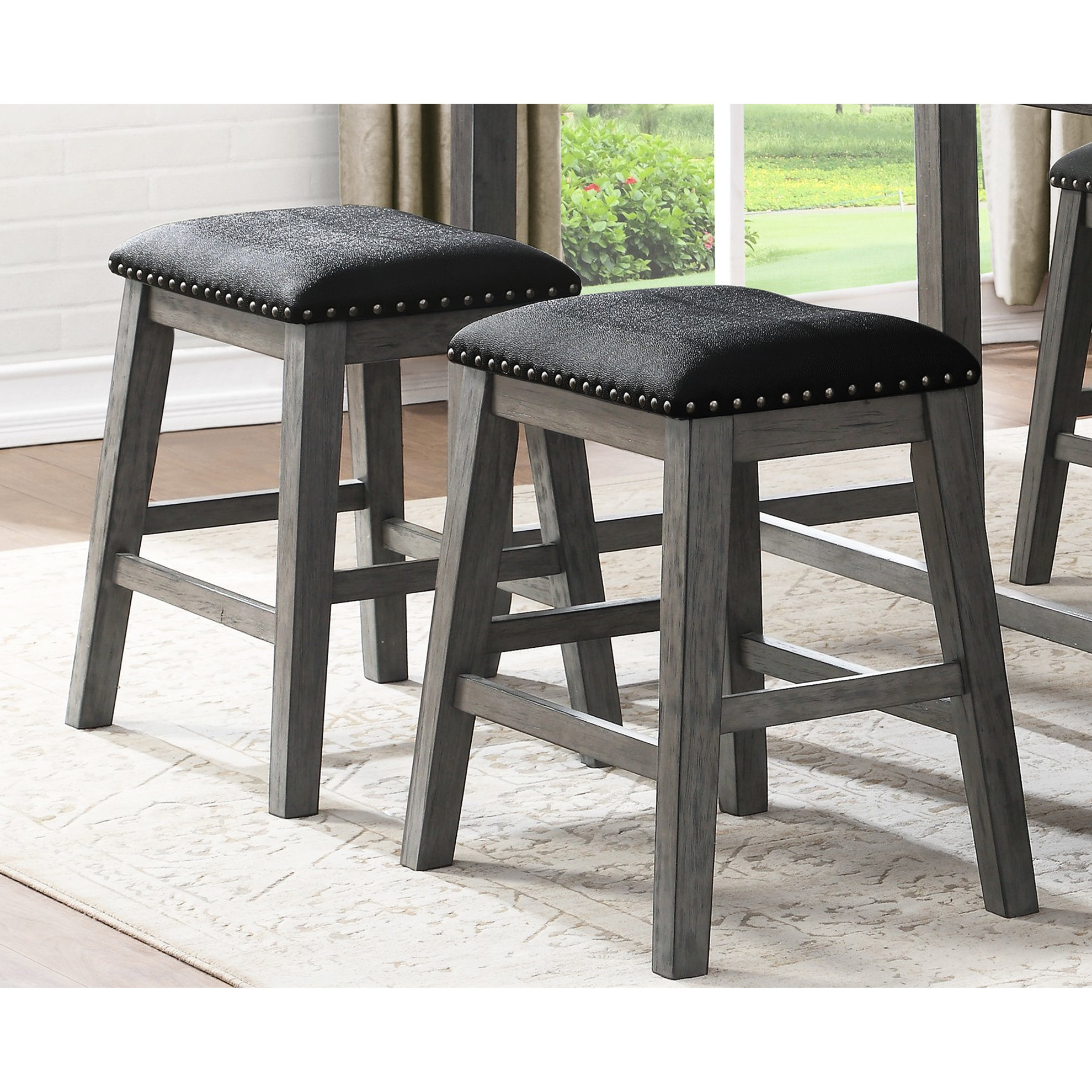 Hokku Designs Counter Height Of 2, Gray Color, Black Faux Leather Seat ...