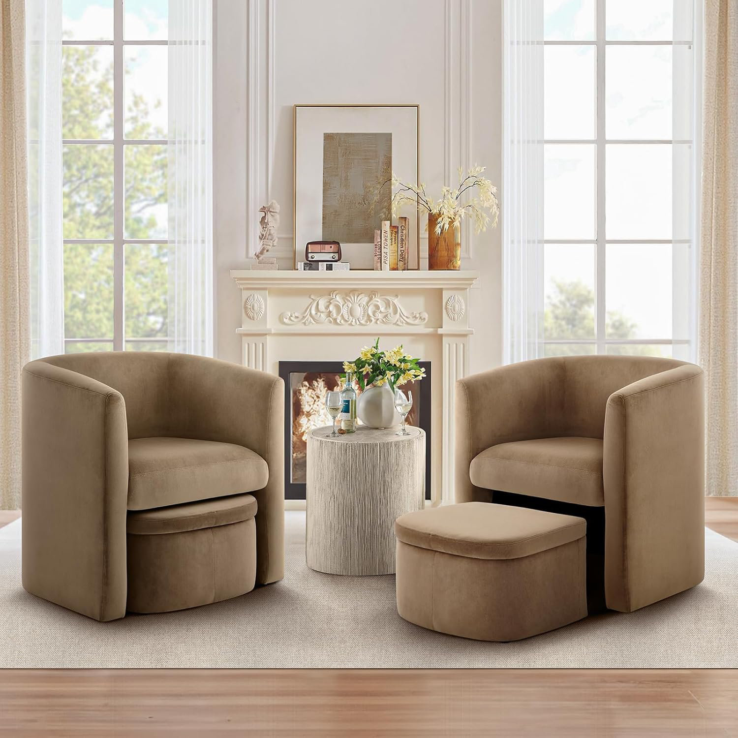 Everly Quinn Velvet Barrel Accent Chair With Storage Ottoman Set Of 2 ...