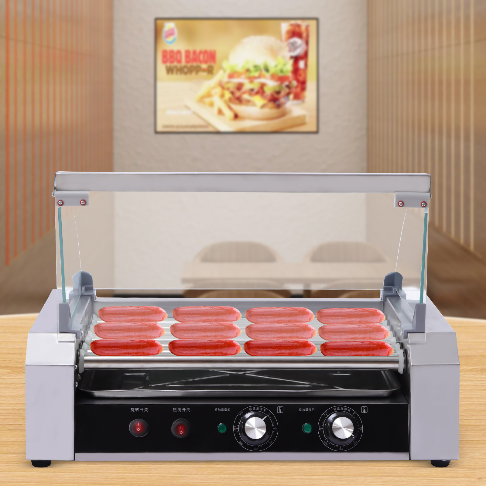 YaoTown 110V Electric Stainless Steel 7 Roller Hot Dog Machine with ...